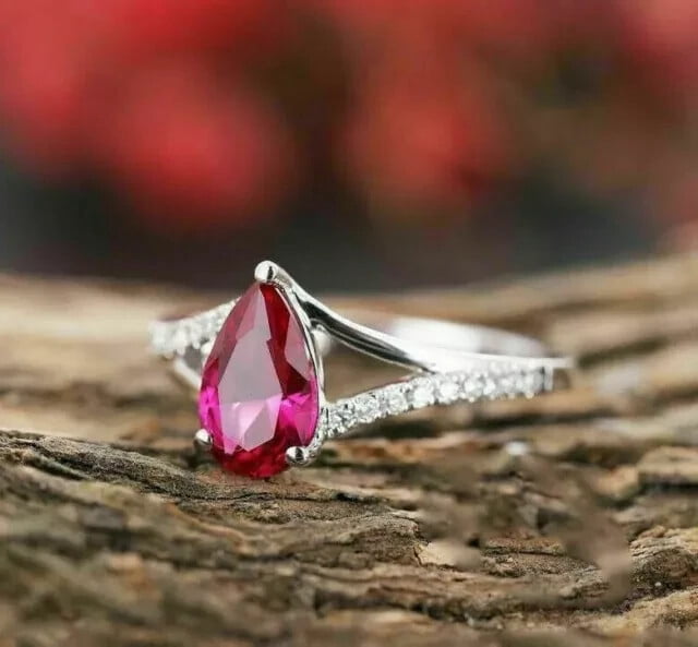 Divine_creation 2.00 Ct Pear Cut Pink Ruby Wedding Ring 14K White Gold ...