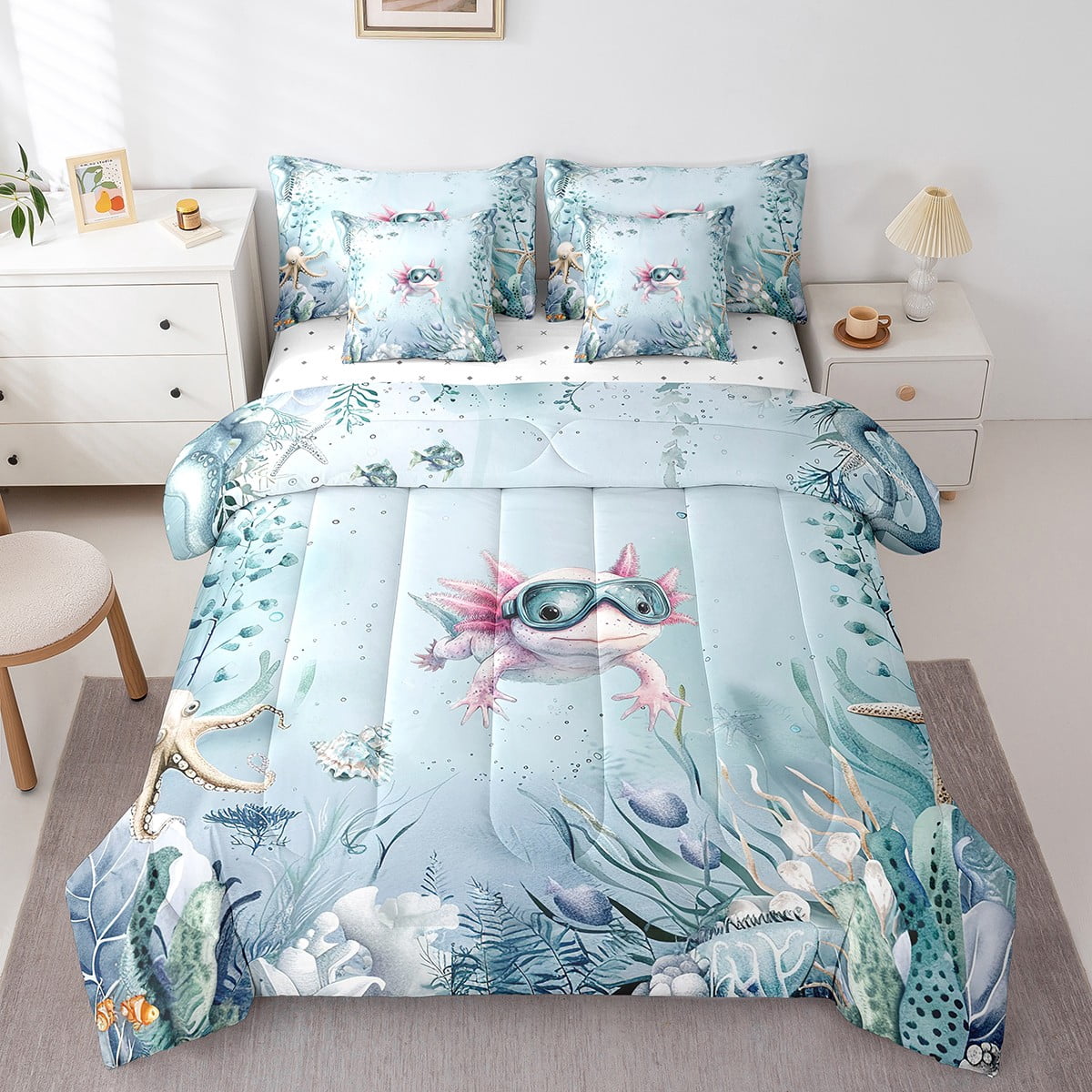 Diving Axolotl Bed in a Bag Queen Comforter Set 7 Piece,Teal Blue Ocean ...