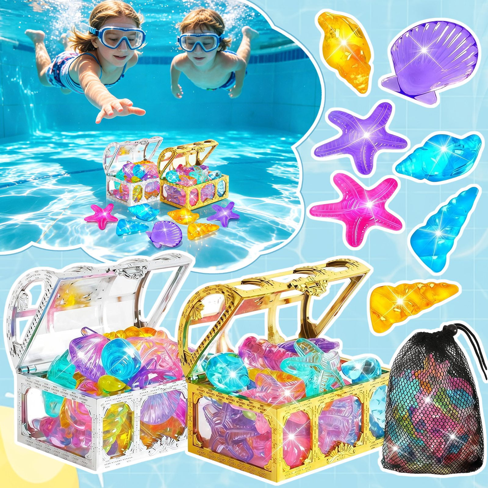 Diving Gem Pool Toys Set with 2 Pirate Treasure Chests & 35 Colorful ...