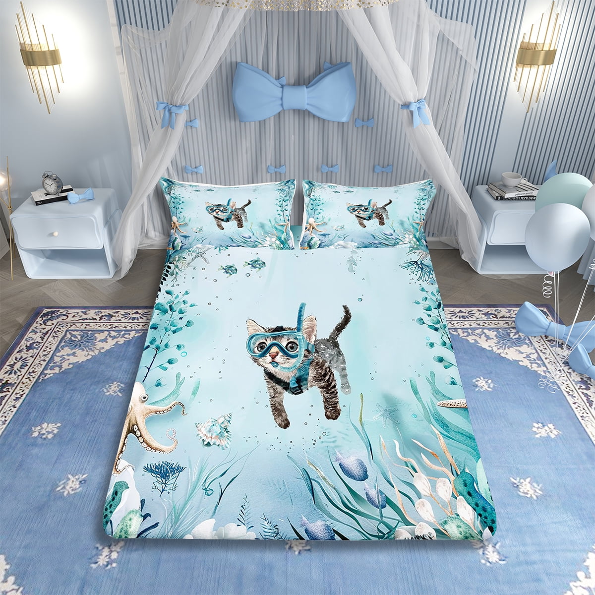 Diving Kitten Bed Sheets Set Teal Blue Ocean Beach Coastal Queen Sheet ...