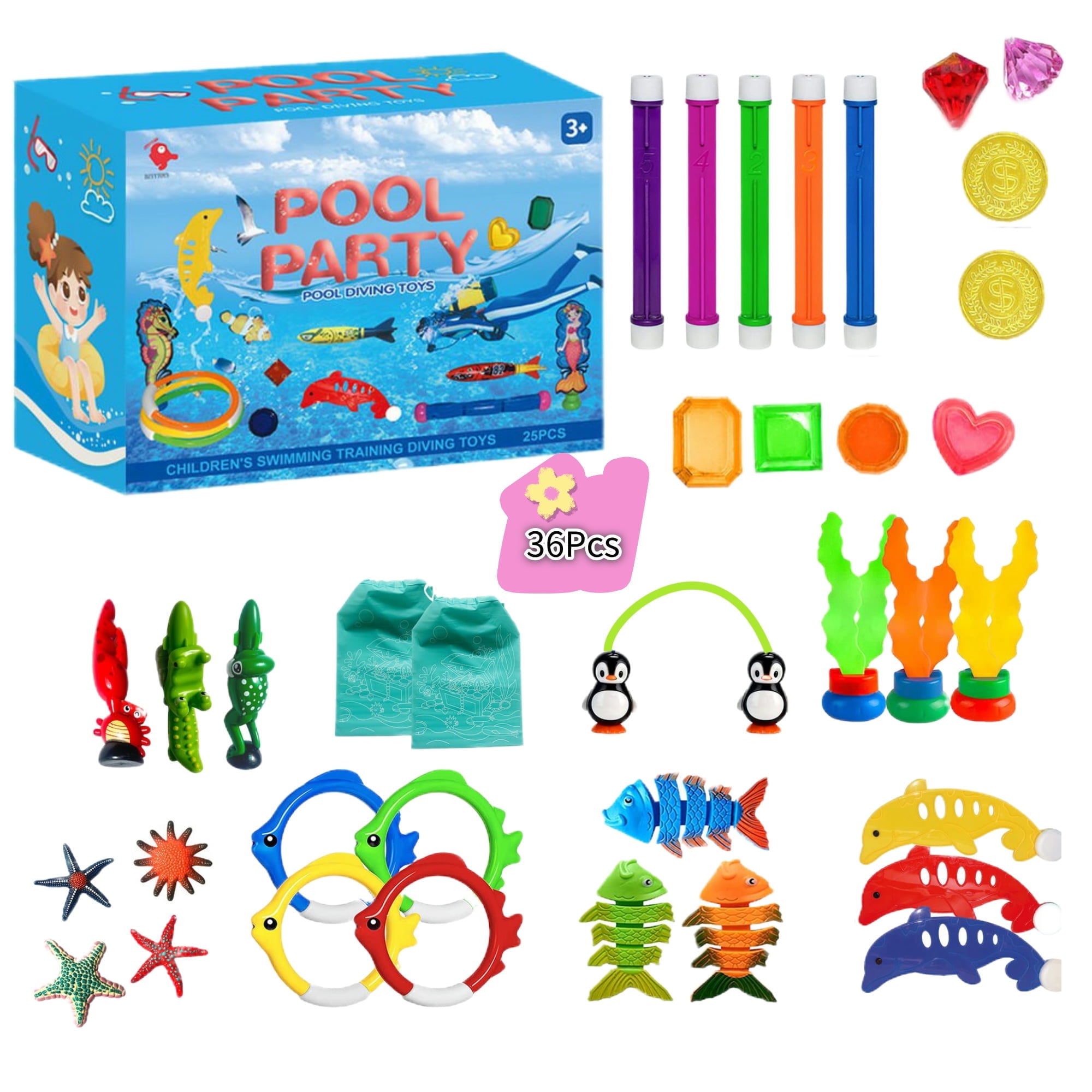 Diving Toys, 36 Pcs Diving Pool Toys Set with Storage Bag Pool Games ...