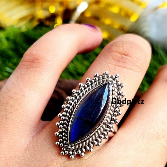 Divya Shakti Handmade Marquise Labradorite Ring: Sterling Silver Boho Statement Ring - Walmart.com
