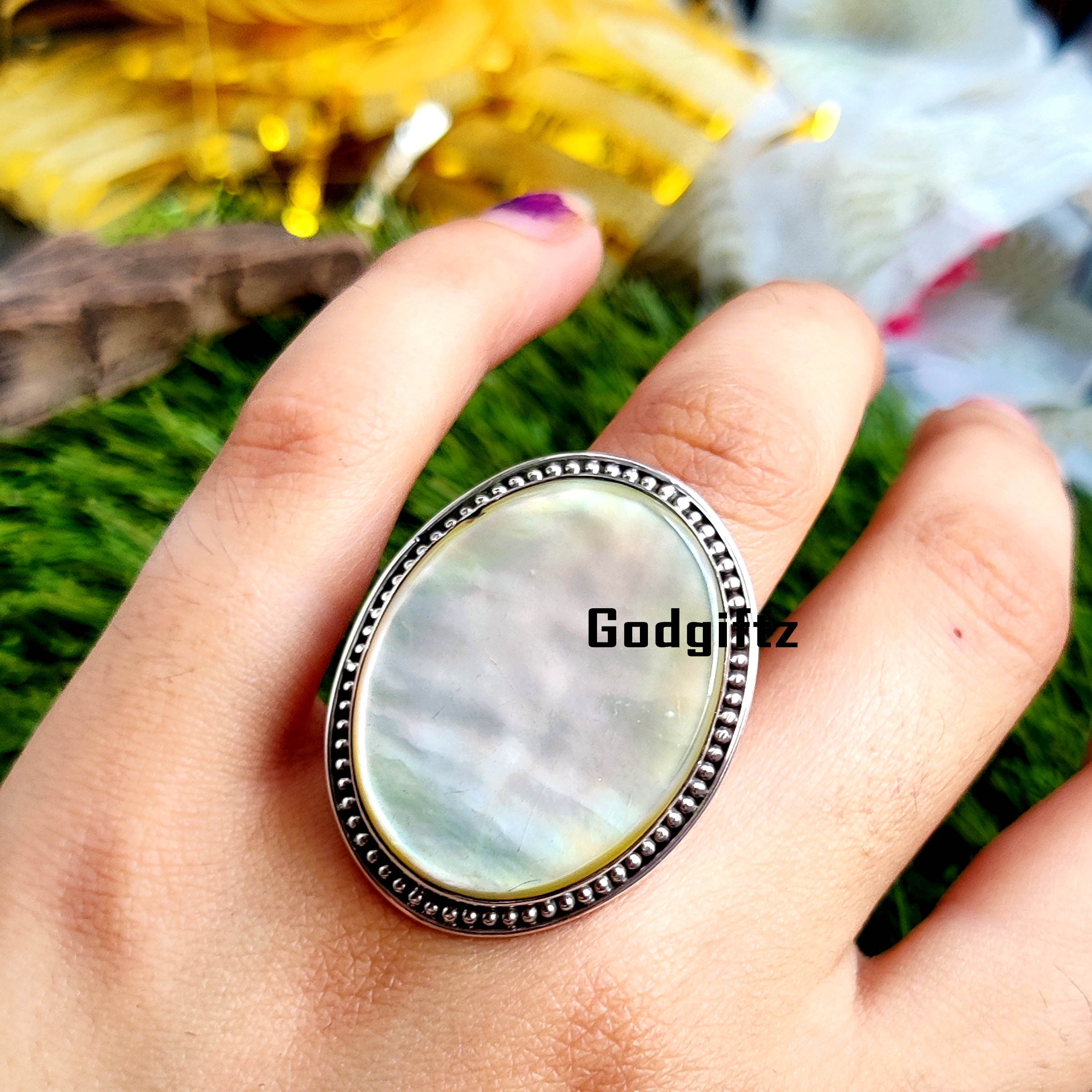 Divya Shakti Handmade Mother of Pearl Ring: Oval Gemstone, Boho Silver ...