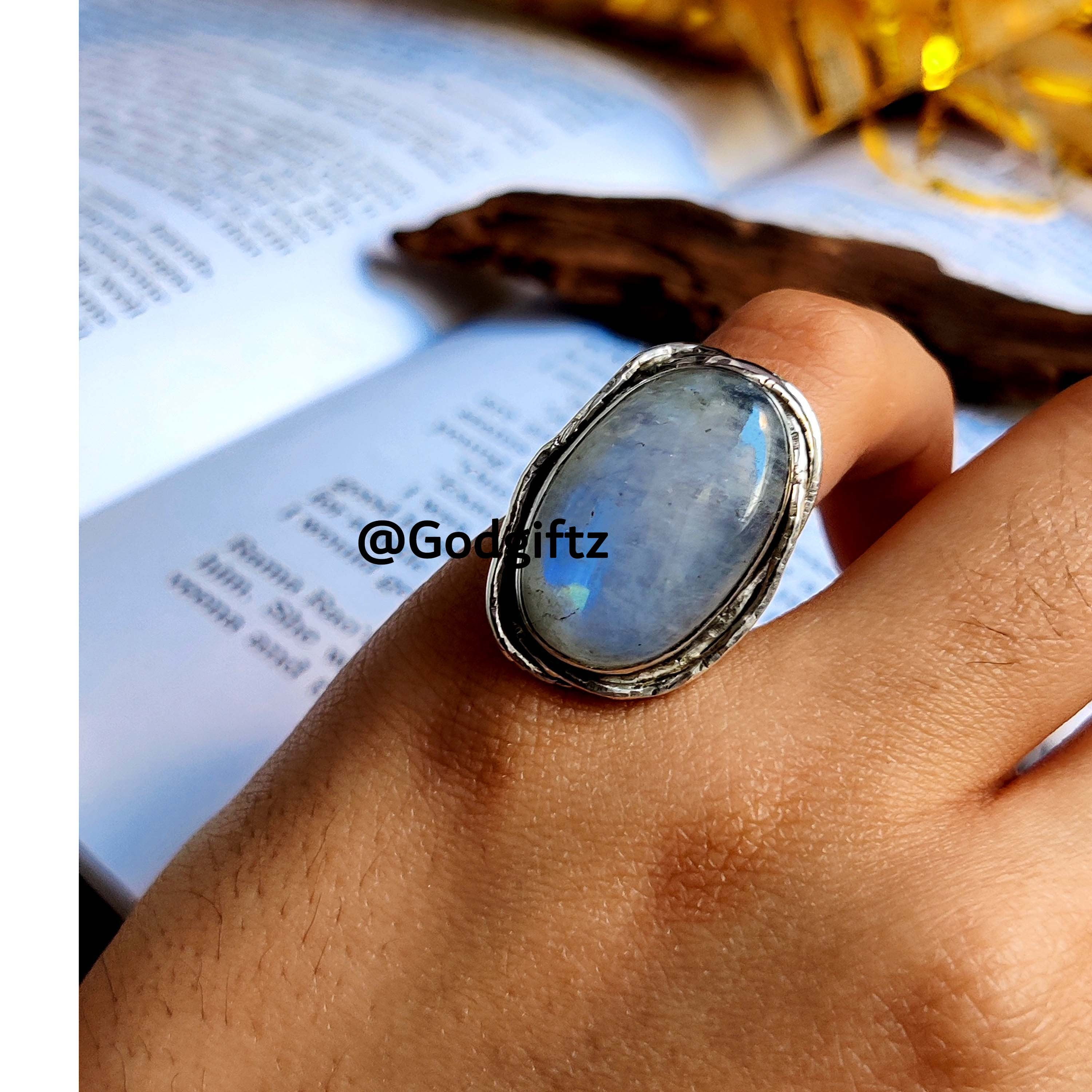 Divya Shakti Handmade Rainbow Moonstone Ring: Oval Cabochon, 925 Sterling Silver - Walmart.com