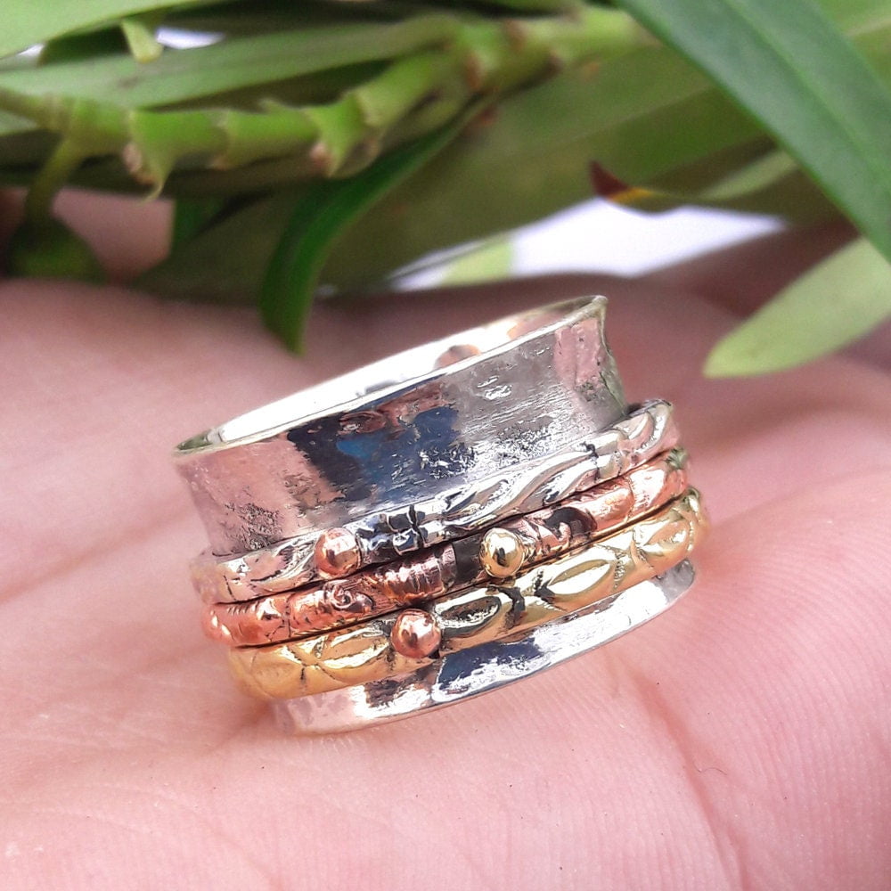 Divya Shakti Handmade Sterling Silver Spinner Ring: Three Band ...
