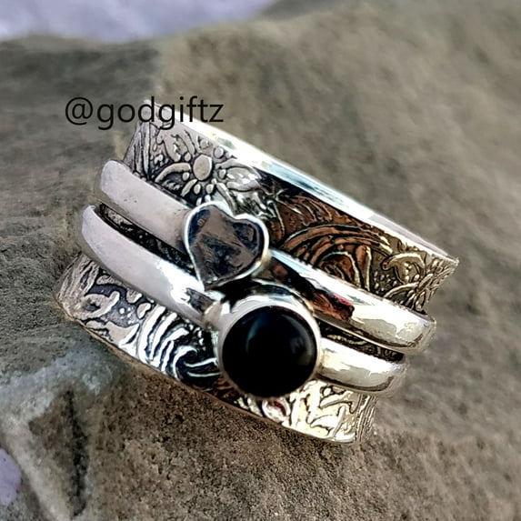 Inisha Creation Heart Spinner Ring - 925 Silver Meditation Ring - Black ...
