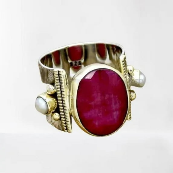Divya Shakti Indian Ruby & Pearl Ring: Floral Wide Band, Two-Tone ...