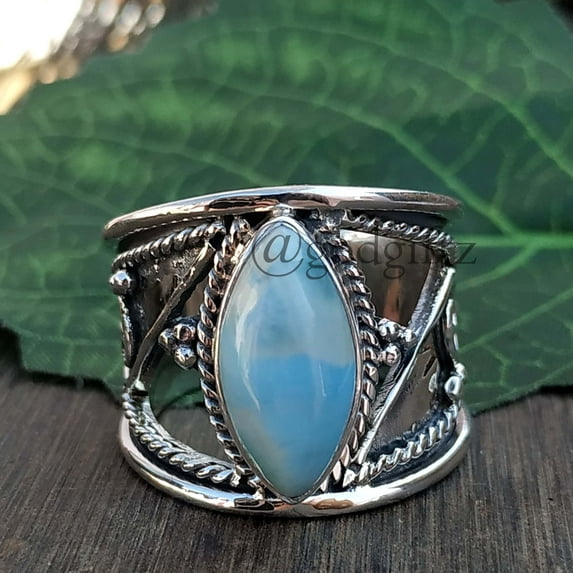 Inisha Creation Larimar Marquise Cabochon Ring: Sterling Silver Boho ...