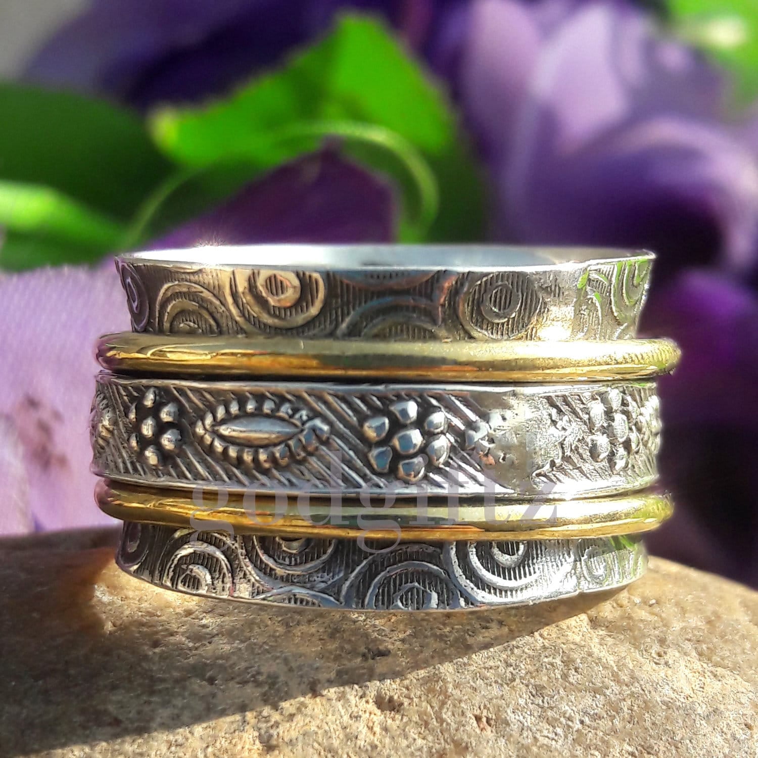 Divya Shakti Personalised Floral Spinner Ring in Sterling Silver ...
