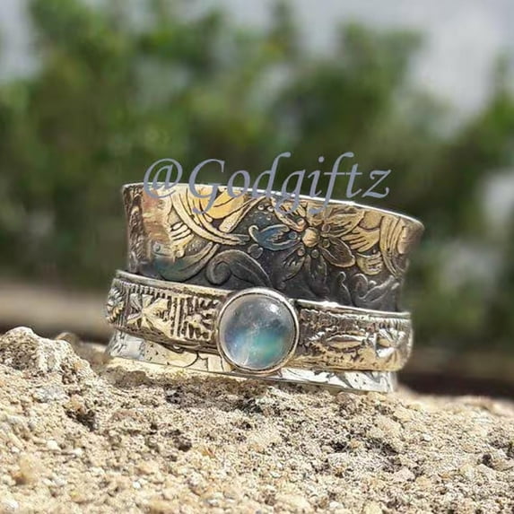 Inisha Creation Rainbow Moonstone Spinner Ring: 925 Sterling Silver ...