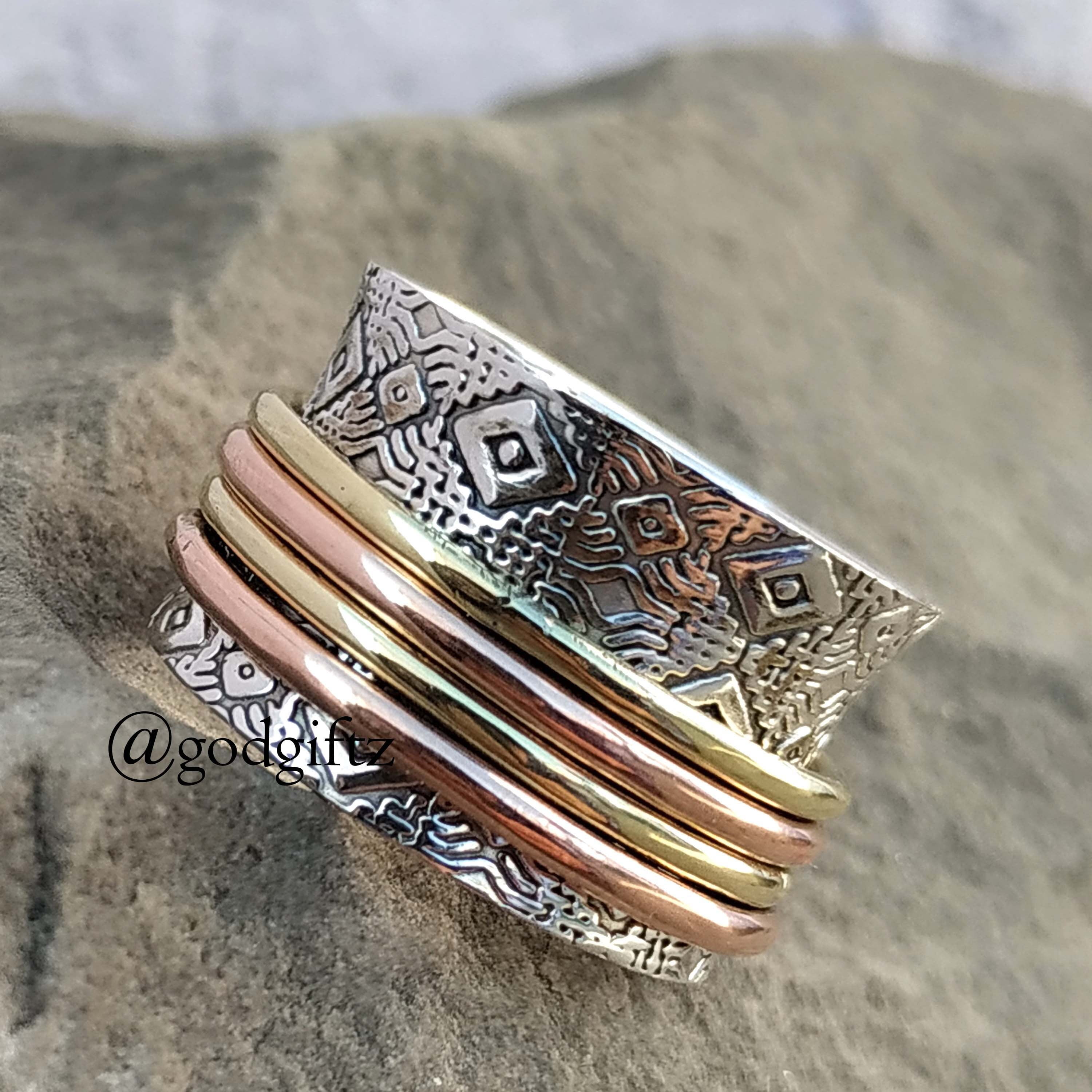 Divya Shakti Solid 925 Sterling Silver Hammered Band, Spinner Ring For ...