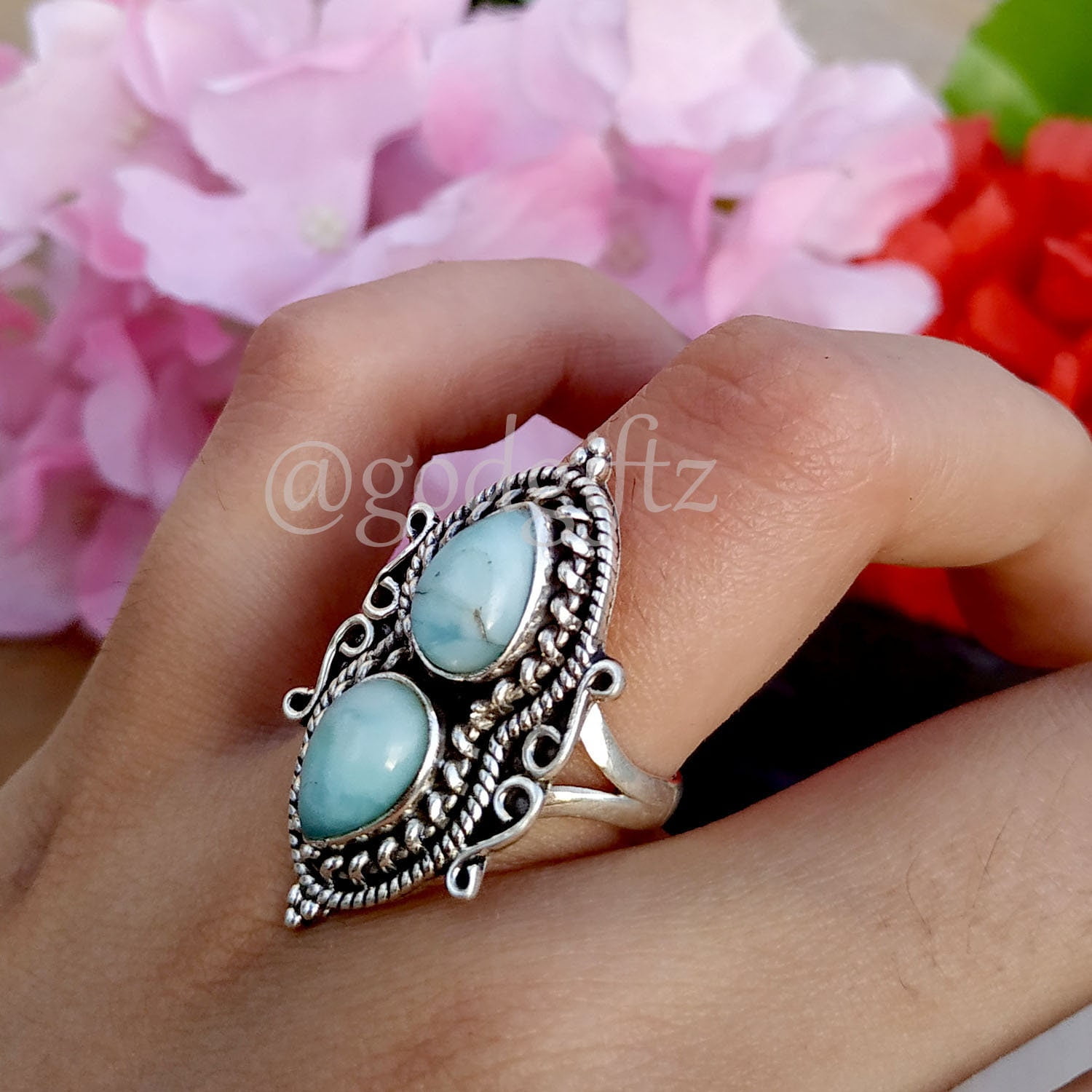 Divya Shakti Two Stone Larimar Ring, Sterling Silver Ring for Women ...