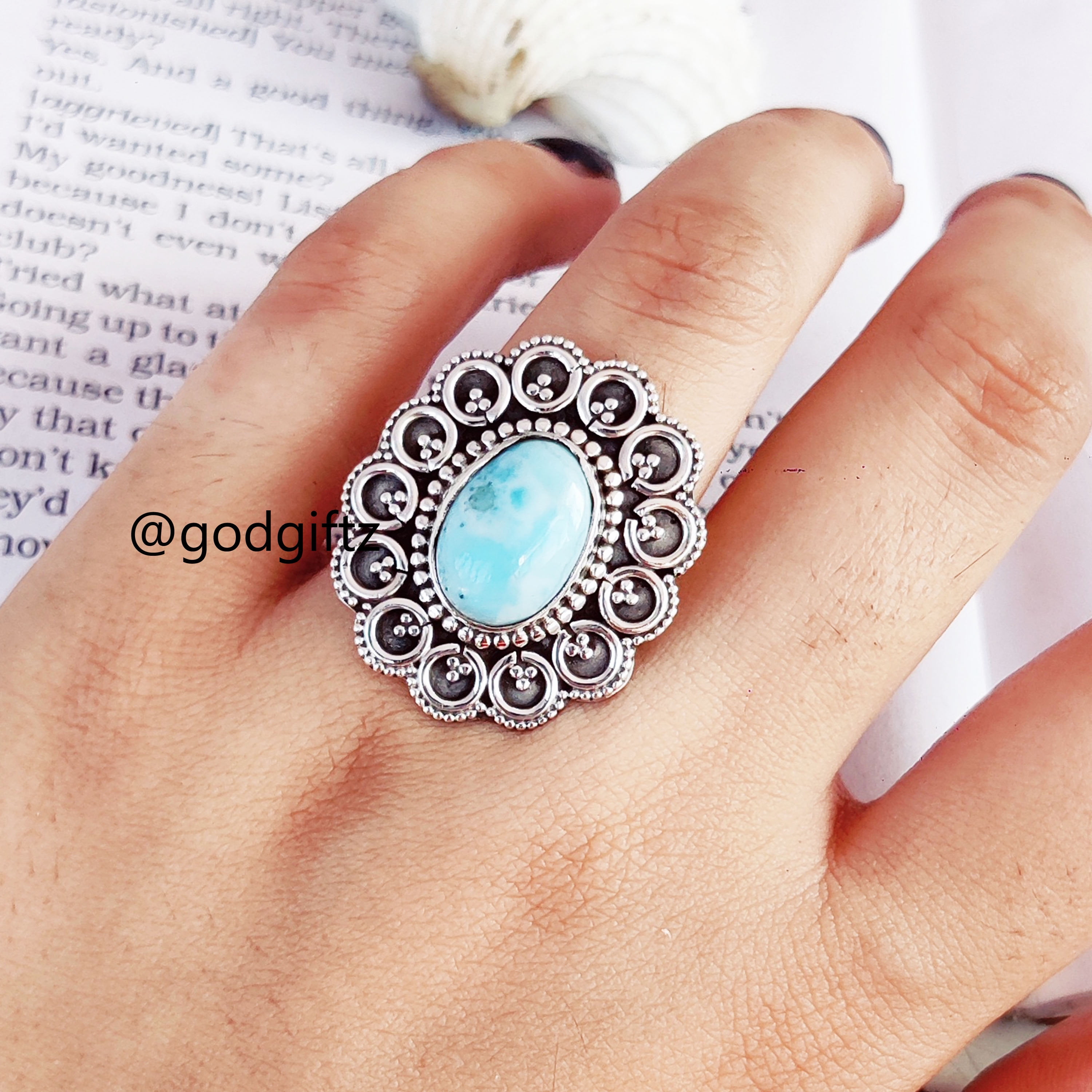 Divyansh Jewels Oval Larimar Ring – 925 Sterling Silver Gemstone Band, Handmade Statement ...