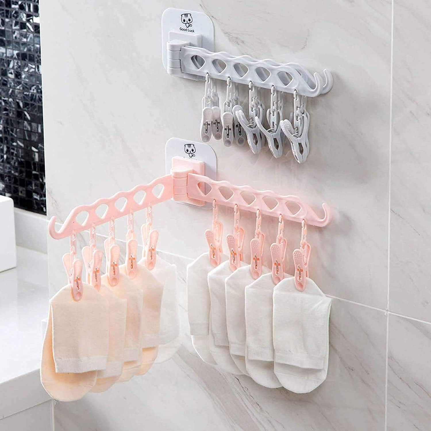 Divyog Adhesive Cloth Hanger with Clip Plastic Rotatable Drying Hanger ...