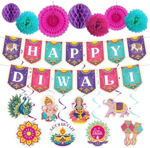 Diwali Decorations for Home, 2 Happy Diwali Banners, 8 Hanging Swirls ...