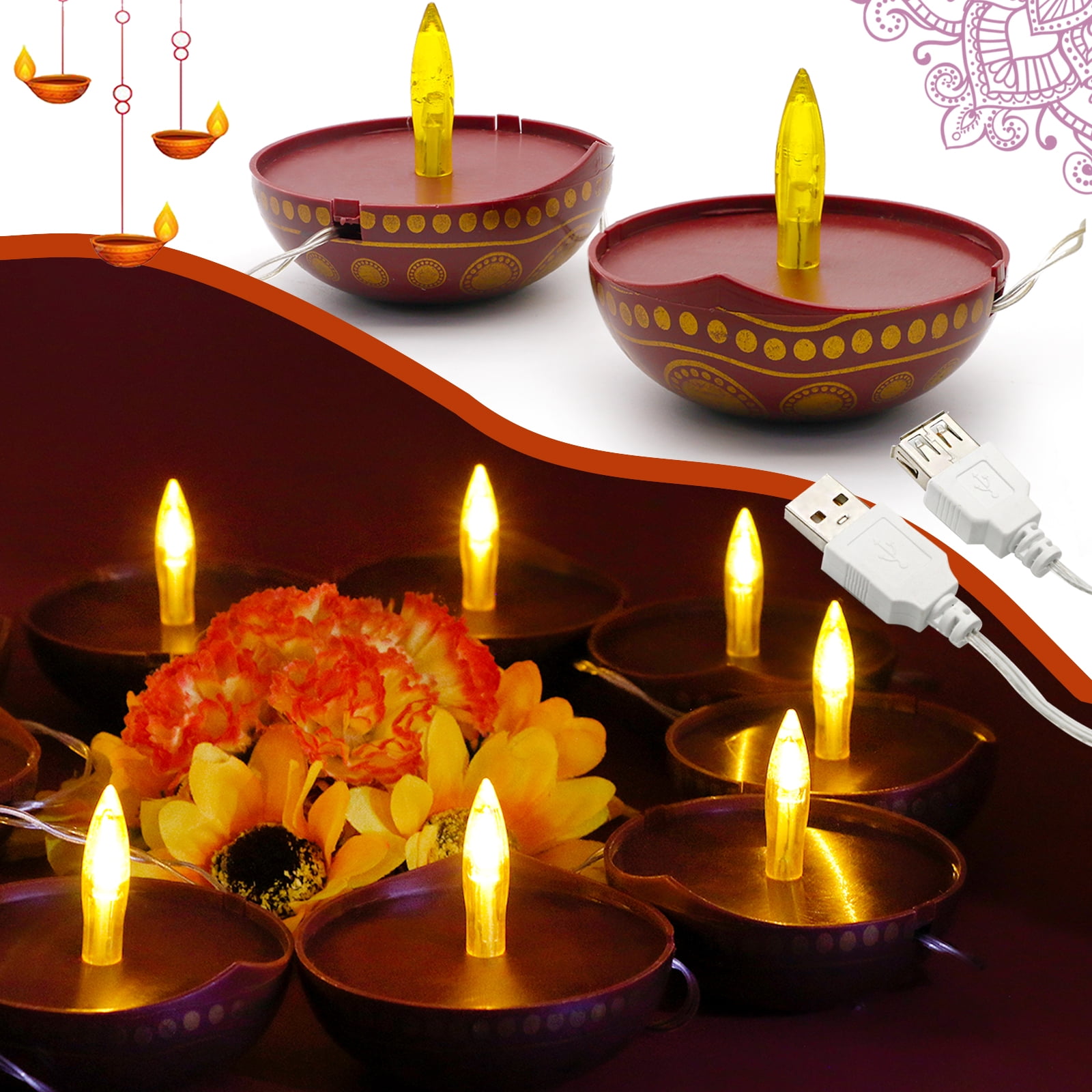 Diwali Diyas String Lights Decor - 10 LED Diyas Lights USB Operated ...