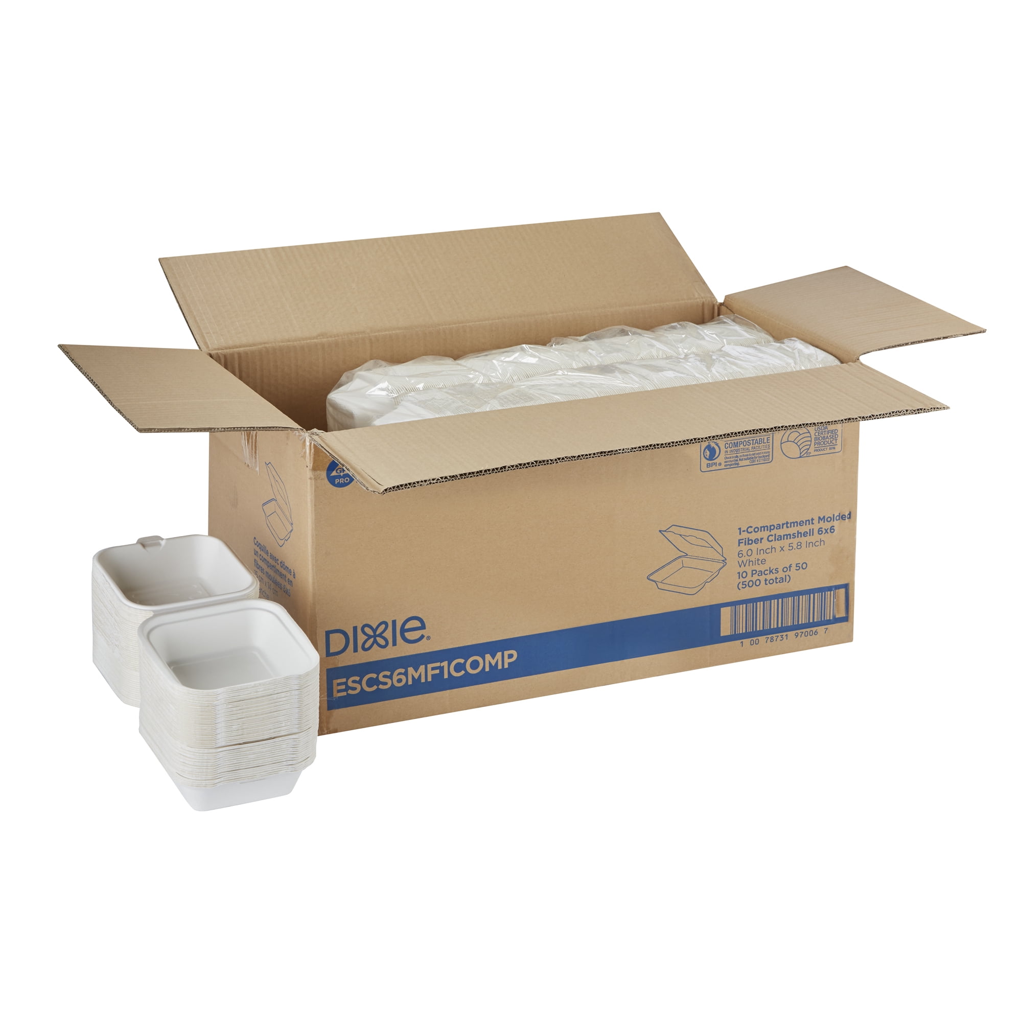 Dixie® Molded Fiber Clamshell Take-Out Container, ESCS6MF1COMP, 6 ...