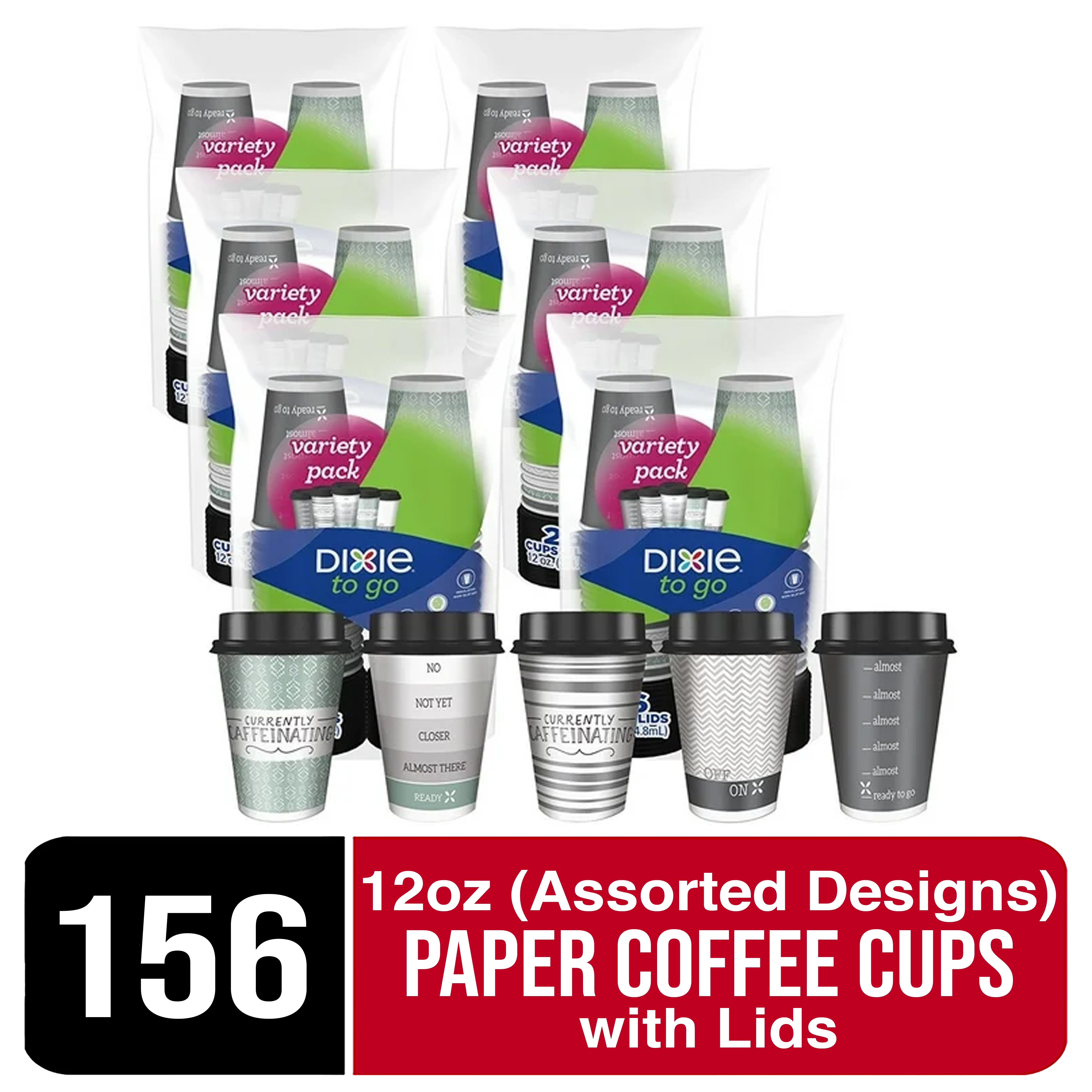 Dixie Disposable Hot Coffee Cups, 12 Oz, Insulated with Lids, 156 Count, Assorted Designs ...