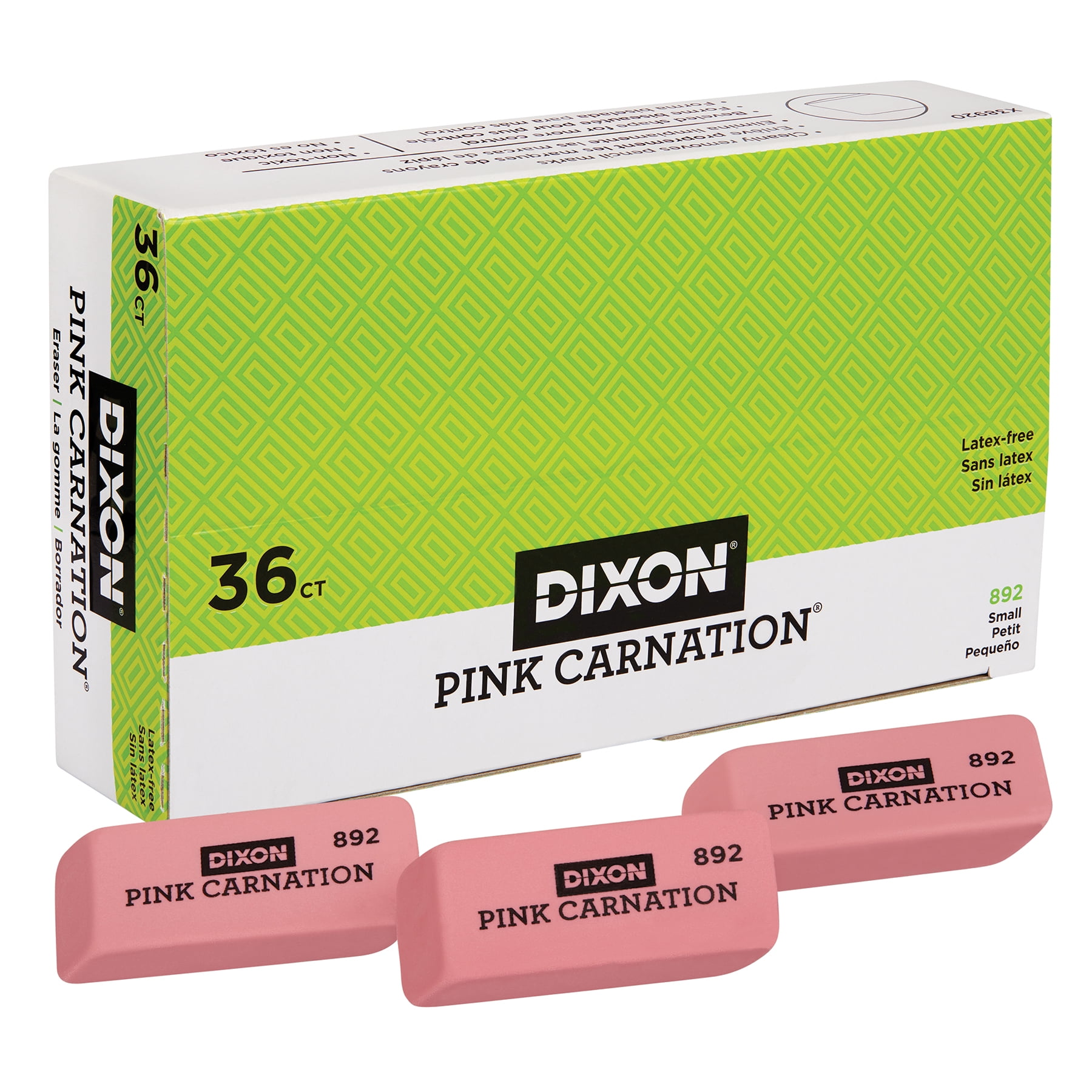 Dixon Pink Carnation Erasers, Small, 2 x 3/4 x 7/16, Pack of 36 ...