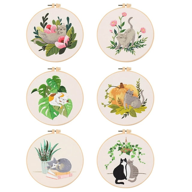 Diy Cat Embroidery Starter Kit With Embroidery Hoops Threads Needles ...