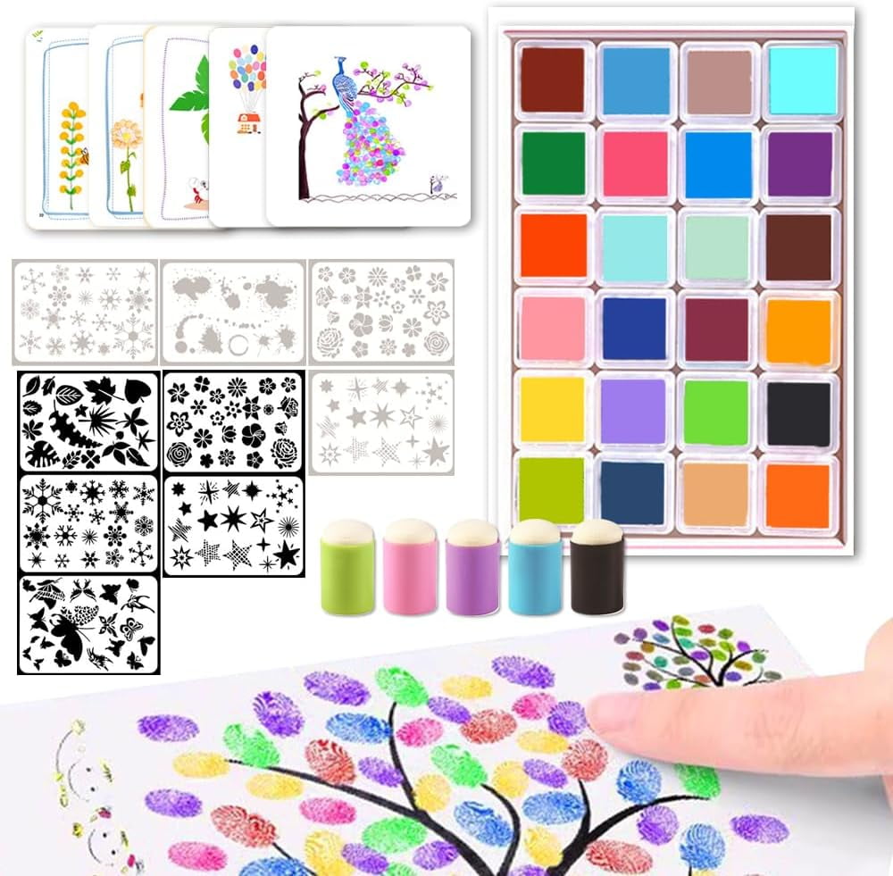 Diy Sponge Finger Painting Kit with 12/24 Colors Ink Pad, 5 Finger ...