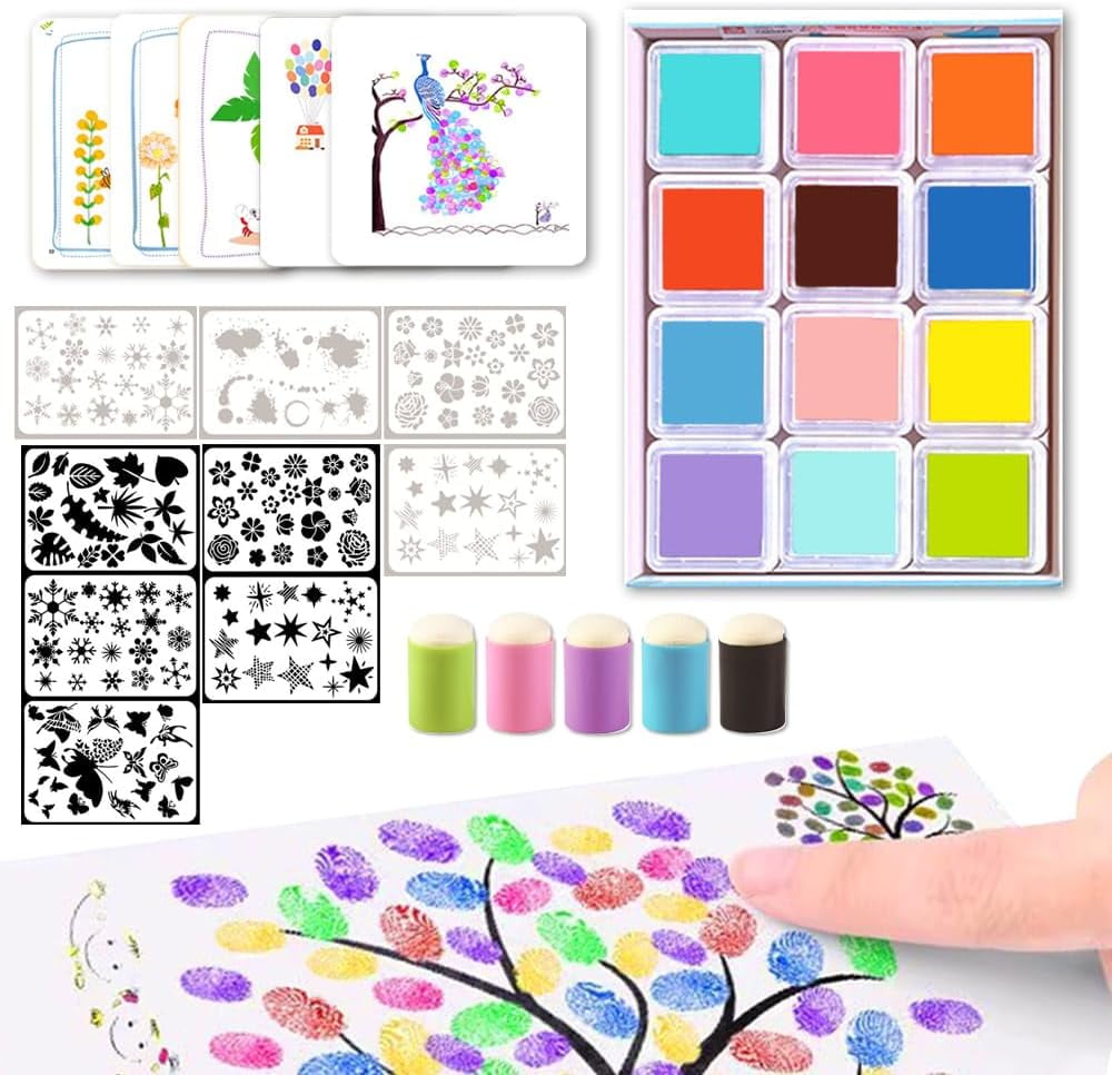Diy Sponge Finger Painting Kit with 12/24 Colors Ink Pad, 5 Finger ...