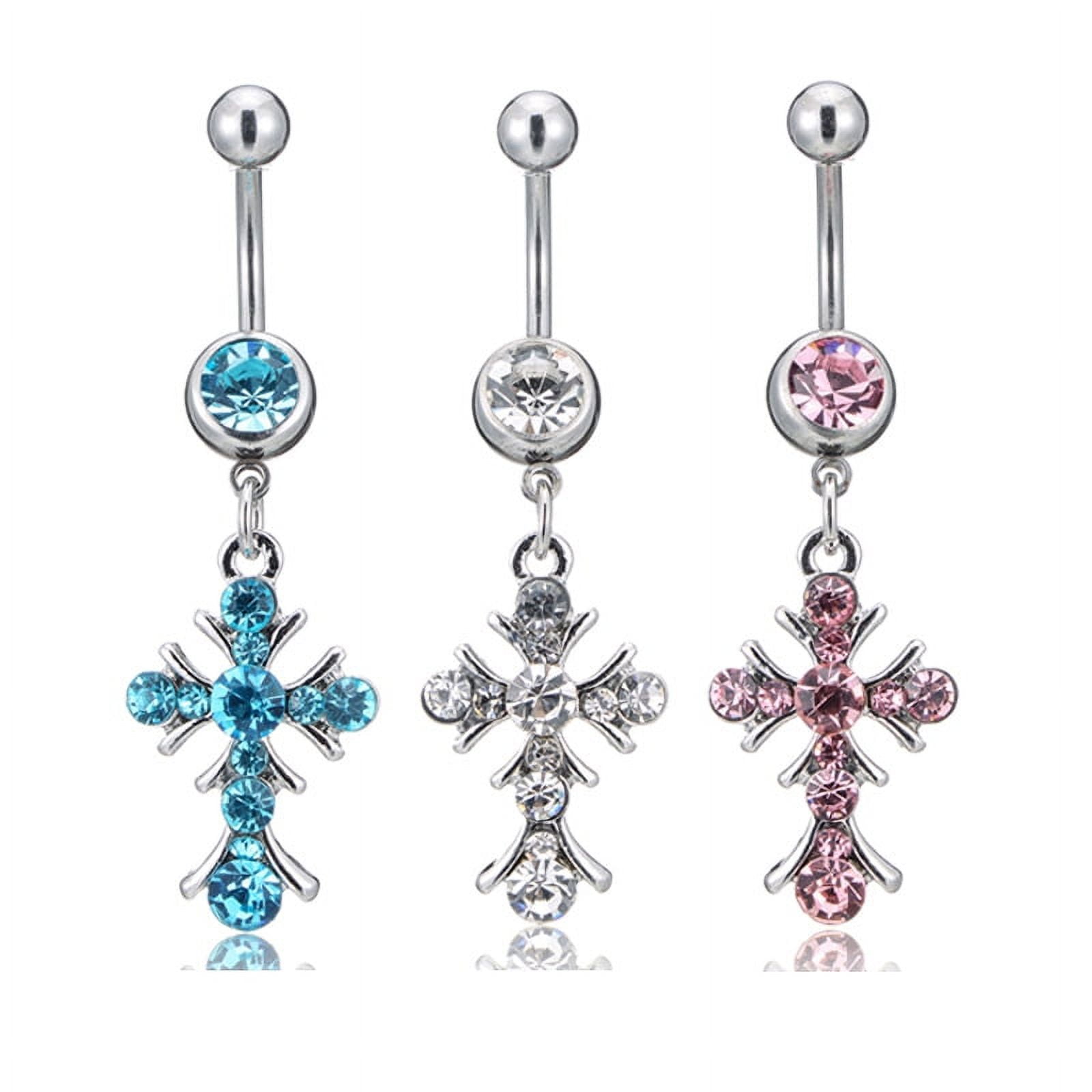 DizeyBoyo 3PCS Crystal Cross Belly Button Ring For Women Rhinestone ...