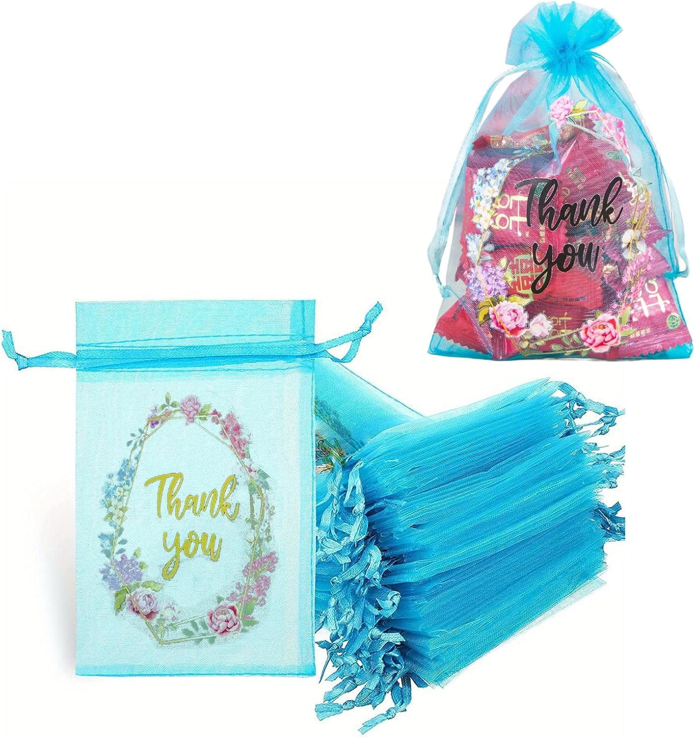 DizeyBoyo 50 Pcs Thank You Gift Bags Wedding Sheer Organza Bags Floral ...