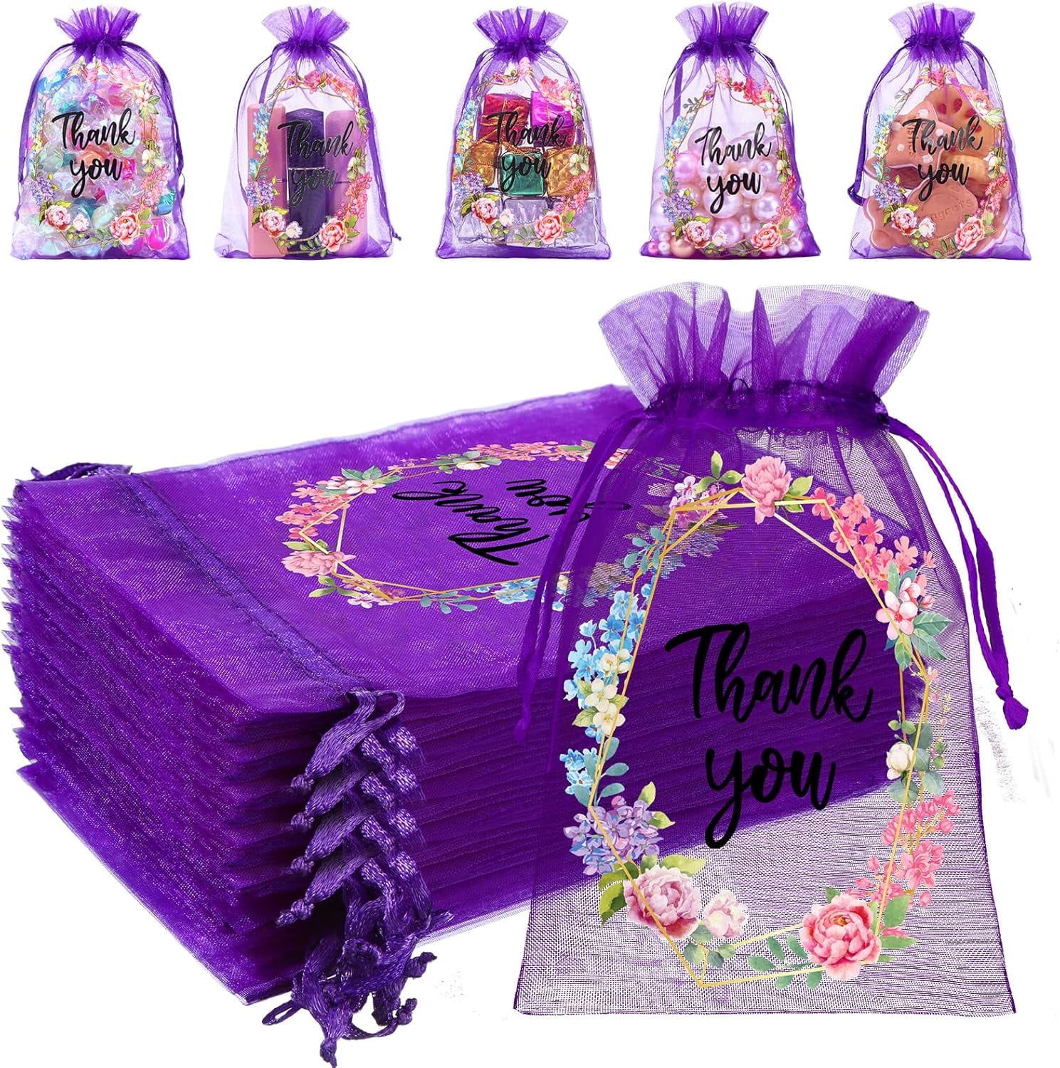 DizeyBoyo 50 Pcs Thank You Gift Bags Wedding Sheer Organza Bags Floral ...