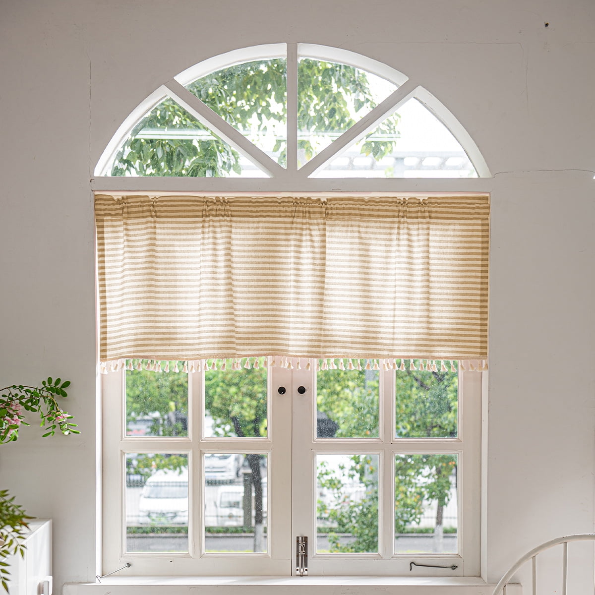 DizeyBoyo Boho Kitchen Valance Curtain with Tassel Linen Textured ...