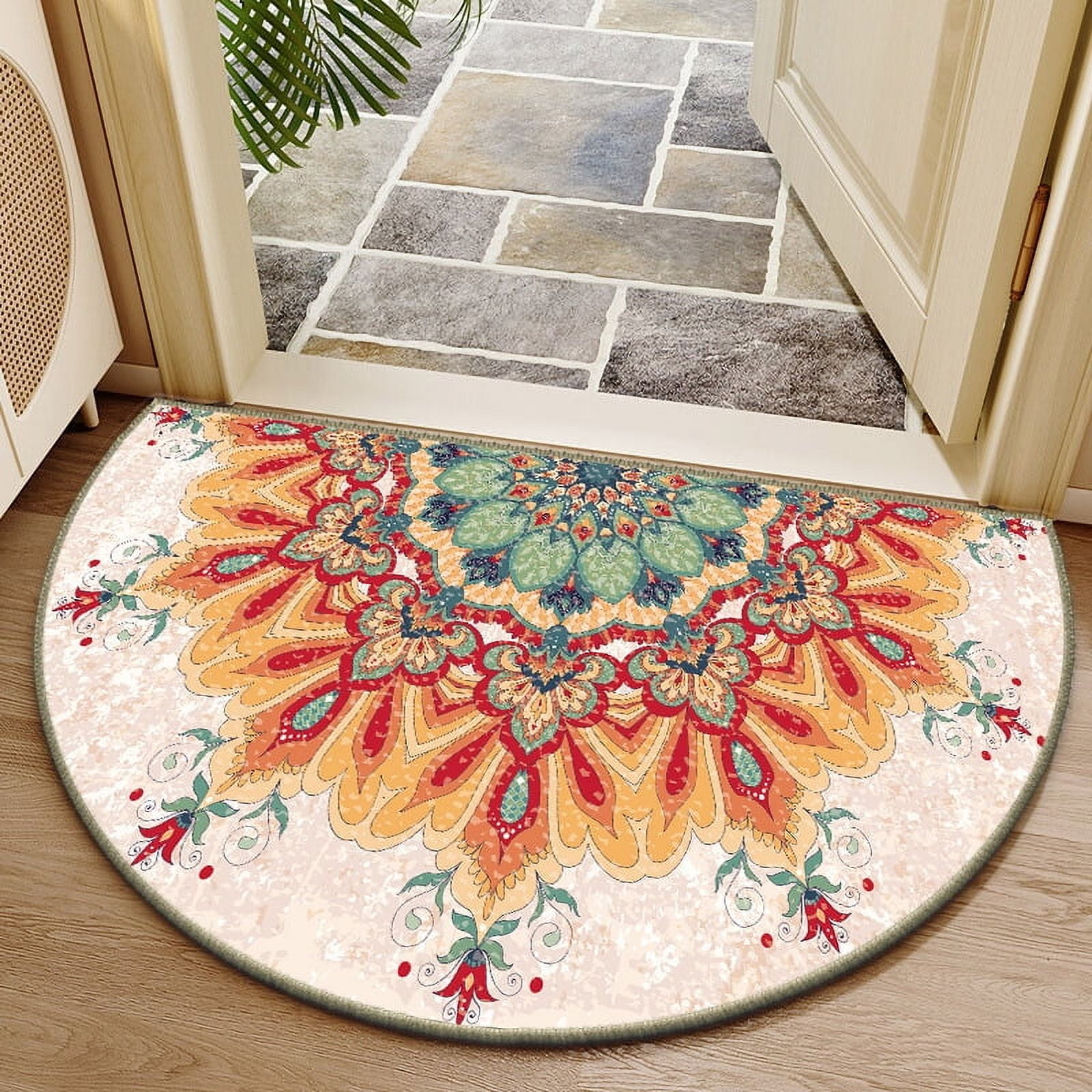DizeyBoyo Half Round Doormat Ethnic Floral Semi Circle Area Rug Non ...
