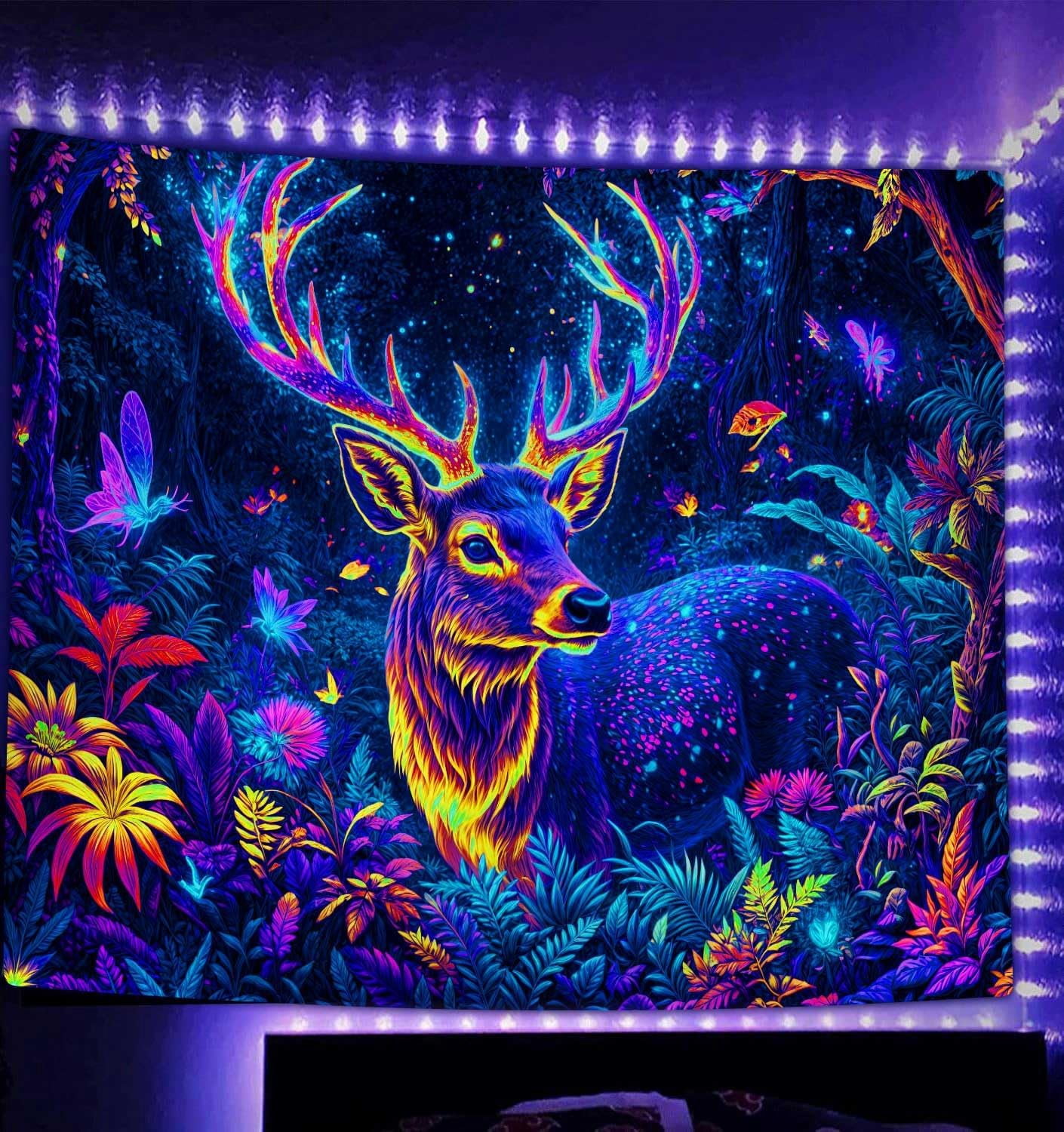 Dizifinn Blacklight Deer Forest Tapestry, UV Reactive Wall Art, 60x40 ...