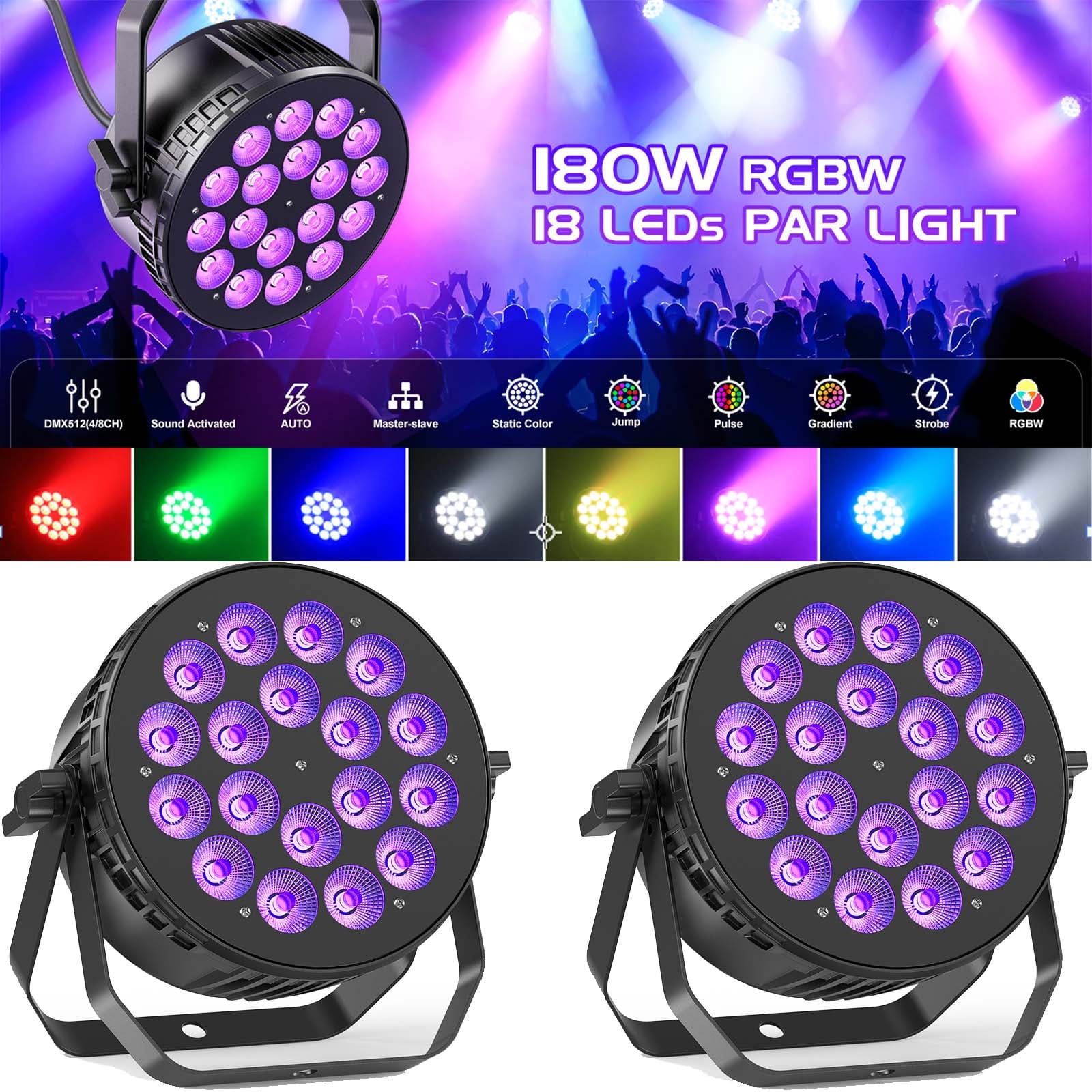 Dj Lights, 18X10W RGBW LED Par Lights Stage Lights with Sound Activated & DMX Control, Stage ...