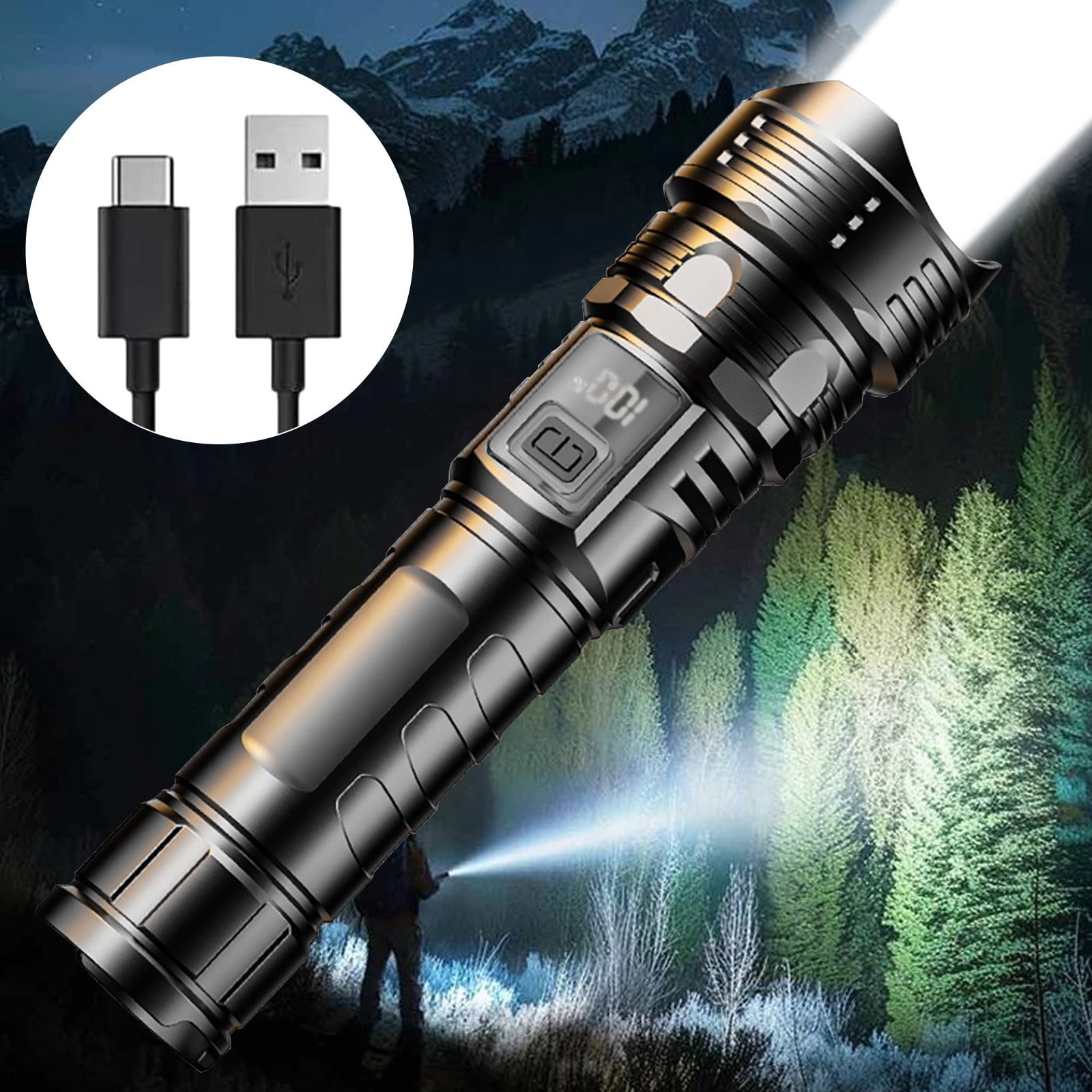 Djiypn High Brightness Rechargeable Flashlight with Digital Display and ...