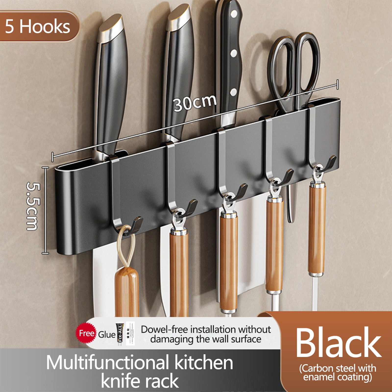 Djiypn Knife Holder for Wall with 5 Hooks - Stainless Steel Adhesive ...