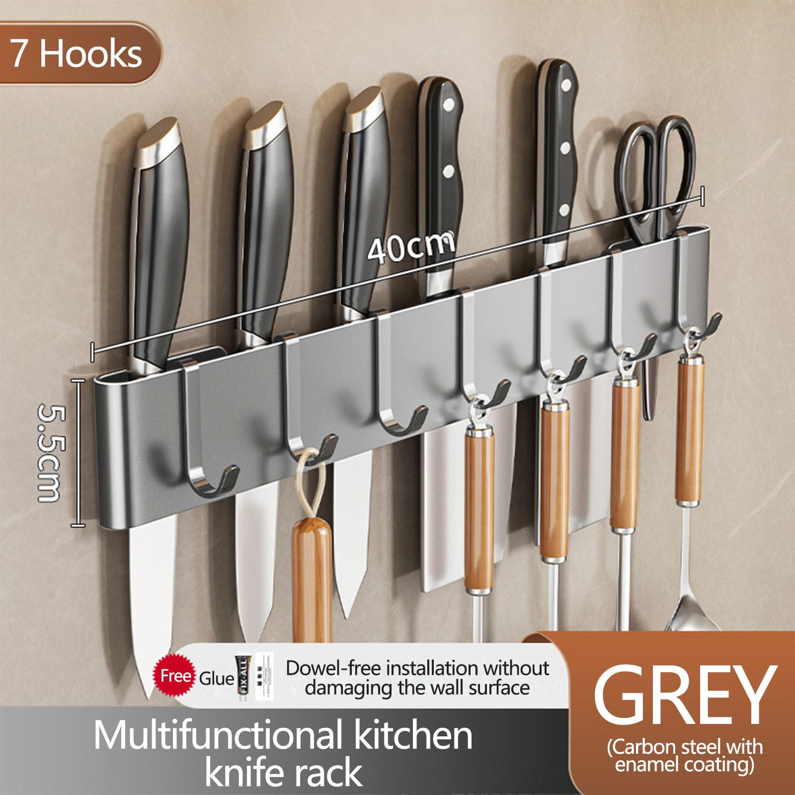 Djiypn Knife Holder for Wall with 7 Hooks - Stainless Steel Kitchen ...