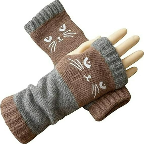 Djiypn Women Fingerless Gloves, Cat Embroidery Splicing Knitted Gloves ...