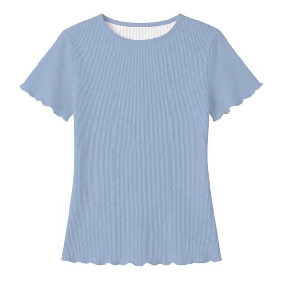 Djtdsds Girls Solid Color Ribbed Ruffle Edge Short Sleeve T-Shirt Crew ...