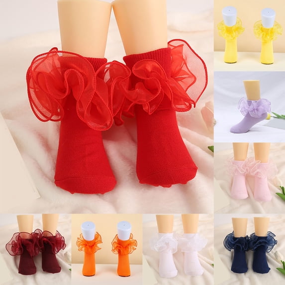 Djtdsds Girls Solid Color Ruffle Lace Mid Calf Socks Breathable Cotton ...