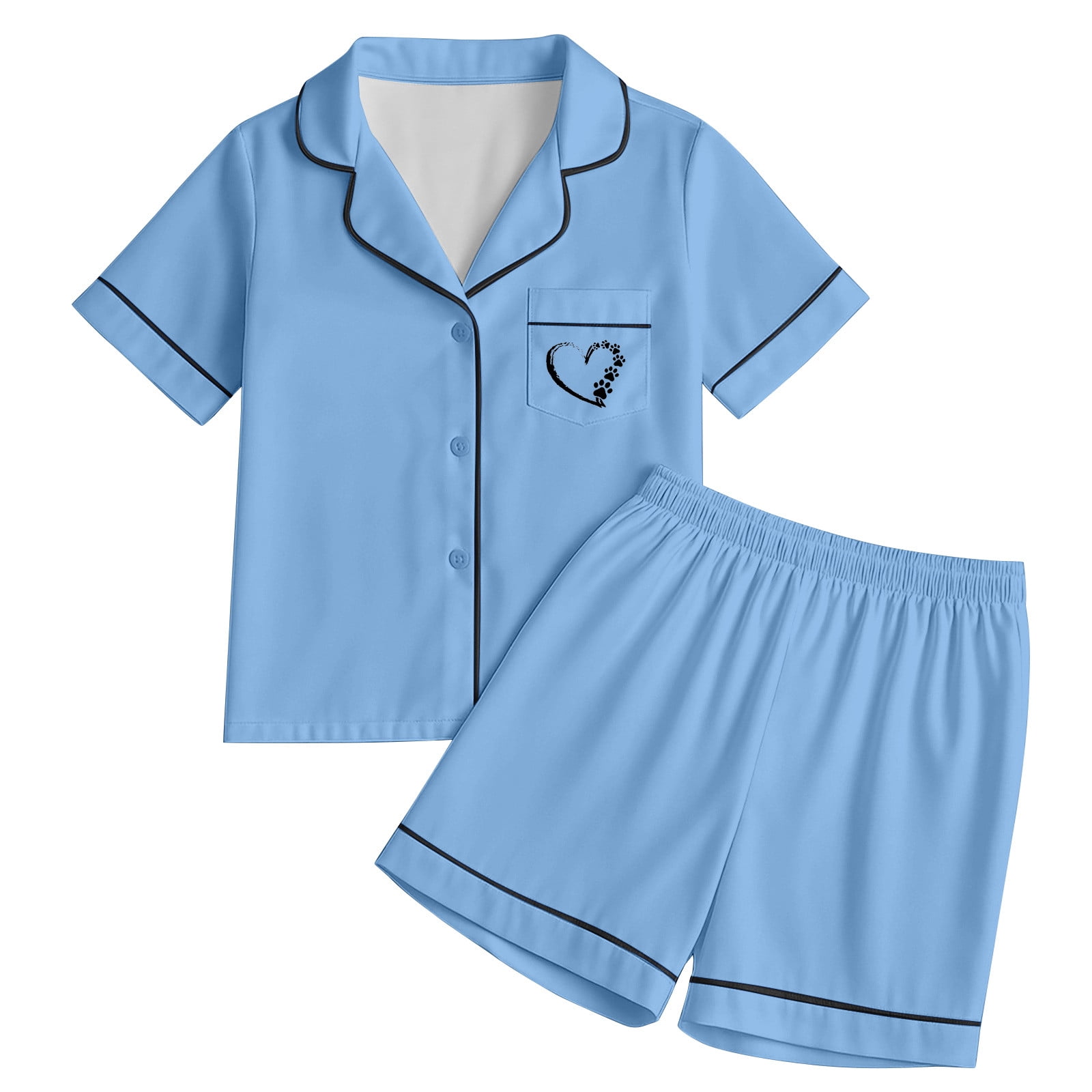 Djtdsds Girls' Solid Color Satin Pajama Set Print Short Sleeve Button ...