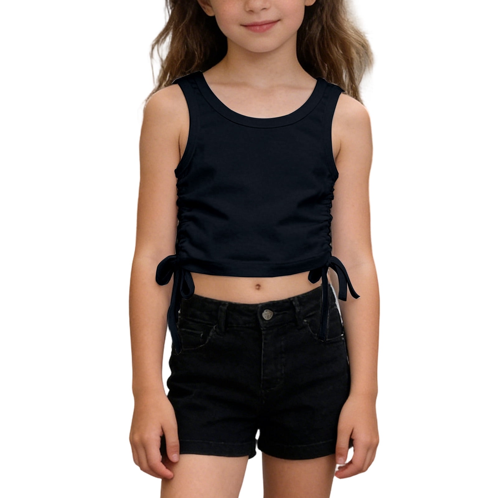 Djtdsds Girls Solid Color Sleeveless Crop Top with Side Drawstring Ties ...