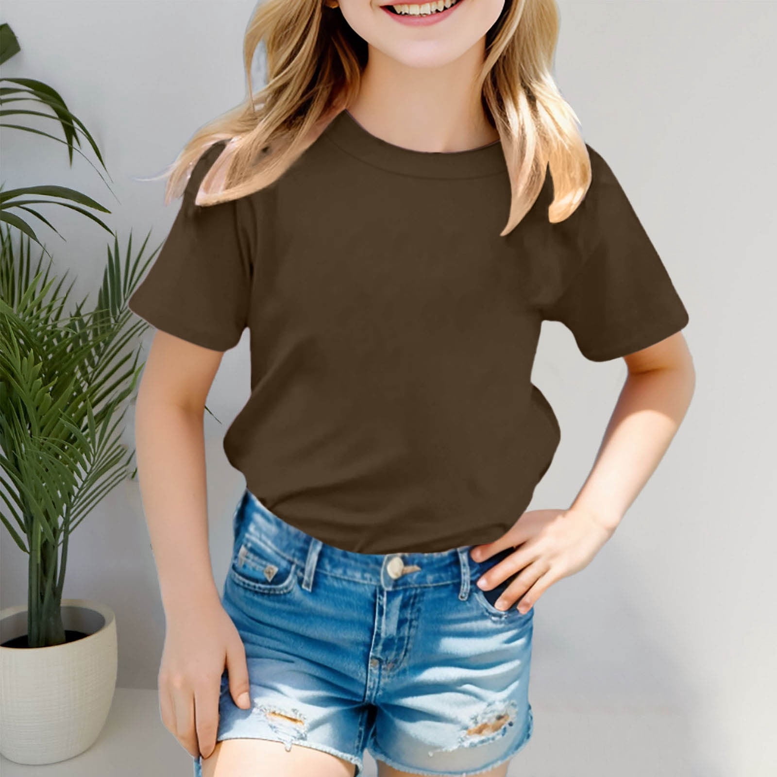 Djtdsds Girls' Solid Short Sleeve T-Shirt Crew Neck Casual Basic Tee ...