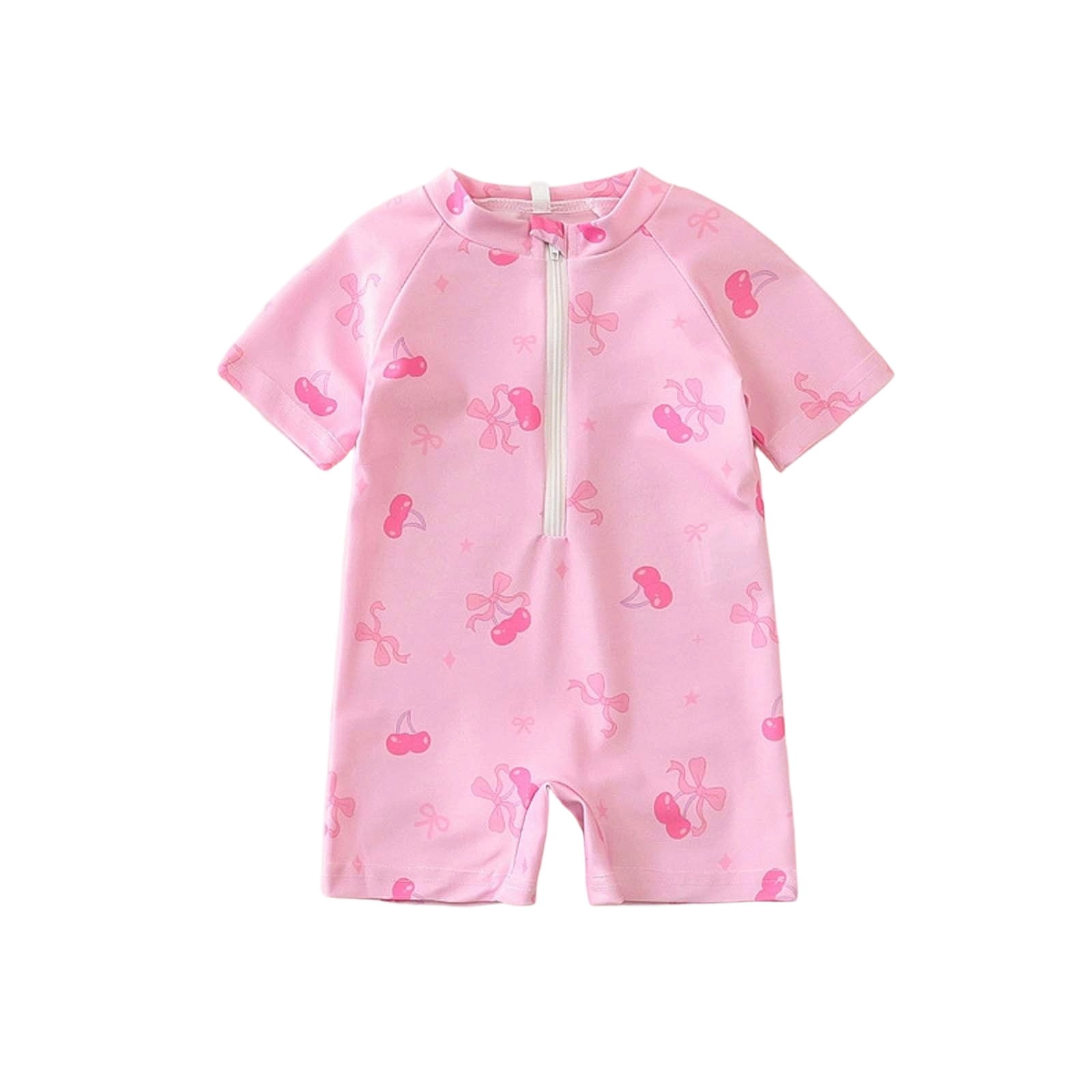 Djtdsds Toddler Pink Cherry & Bow Print Short-Sleeve One Piece Rash ...