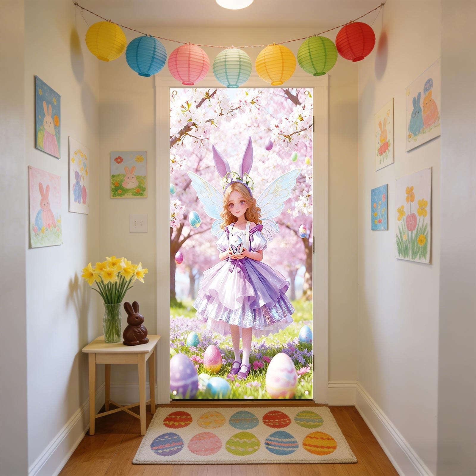 Djunllk Easter Door Cover - Fine Bunny Eggs Pattern Easter Theme Spring ...