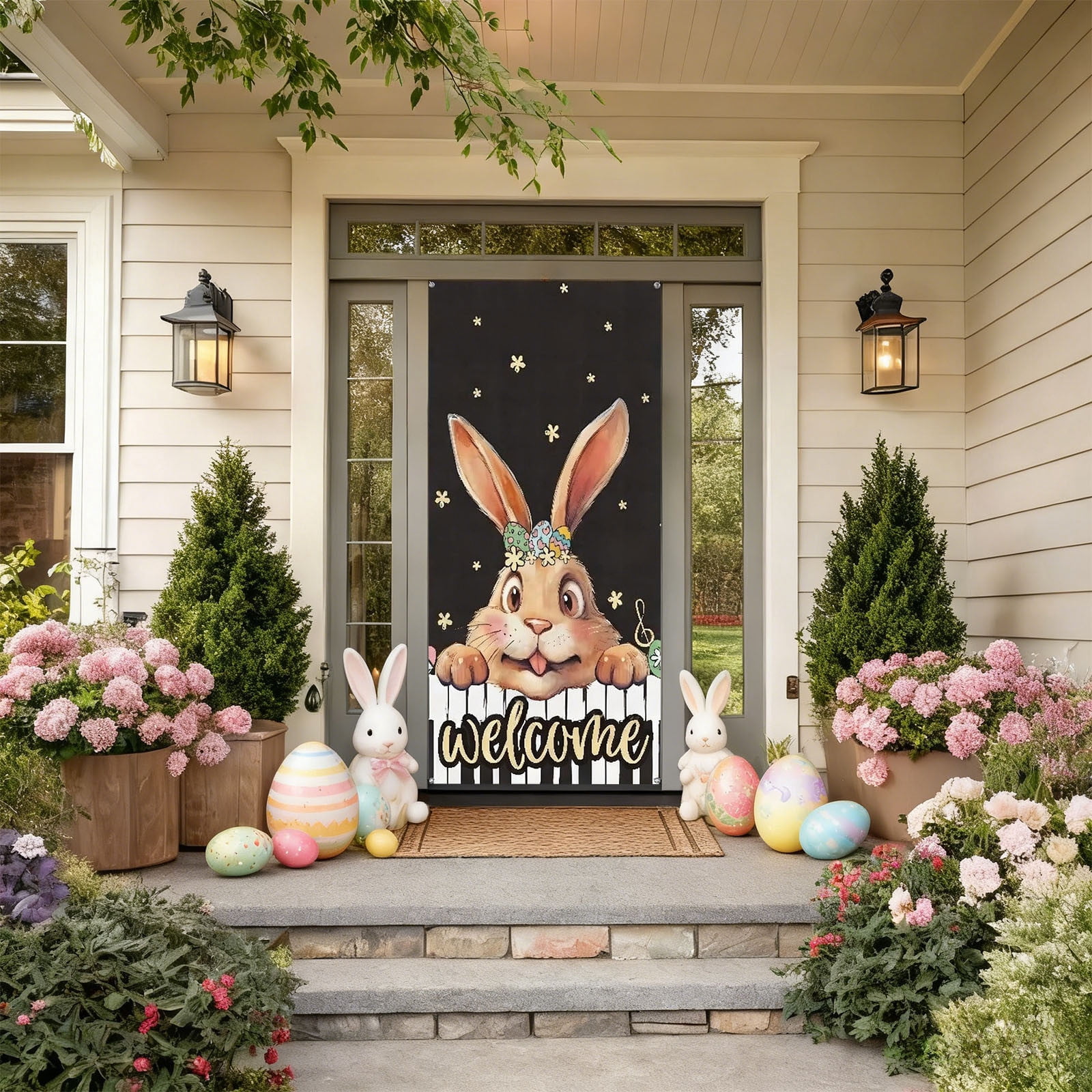Djunllk Easter Door Cover - Fine Bunny Eggs Pattern Easter Theme Spring ...