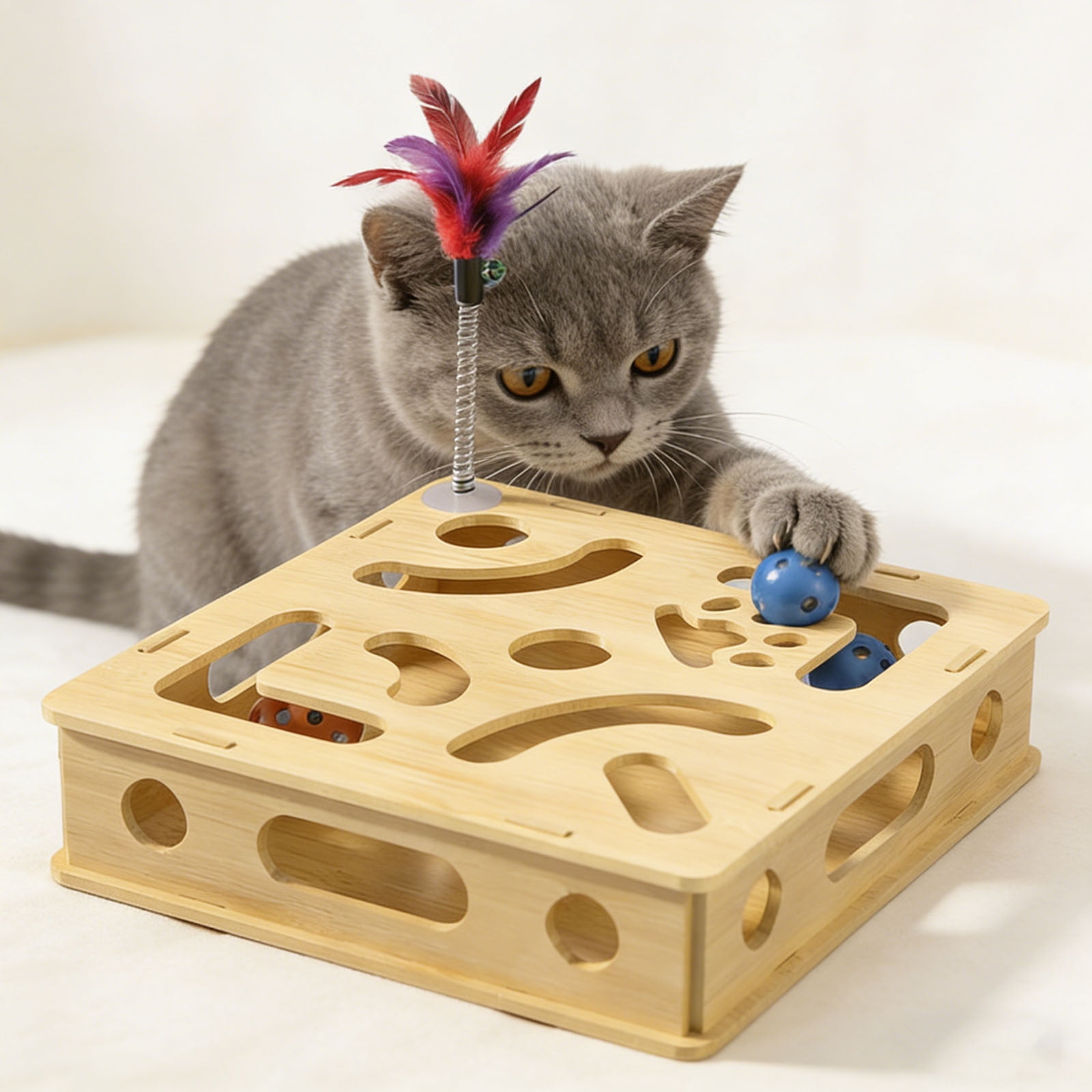 Djunllk Interactive Cat Toys - Wooden Box with 6 Bells & Suck-Cup ...