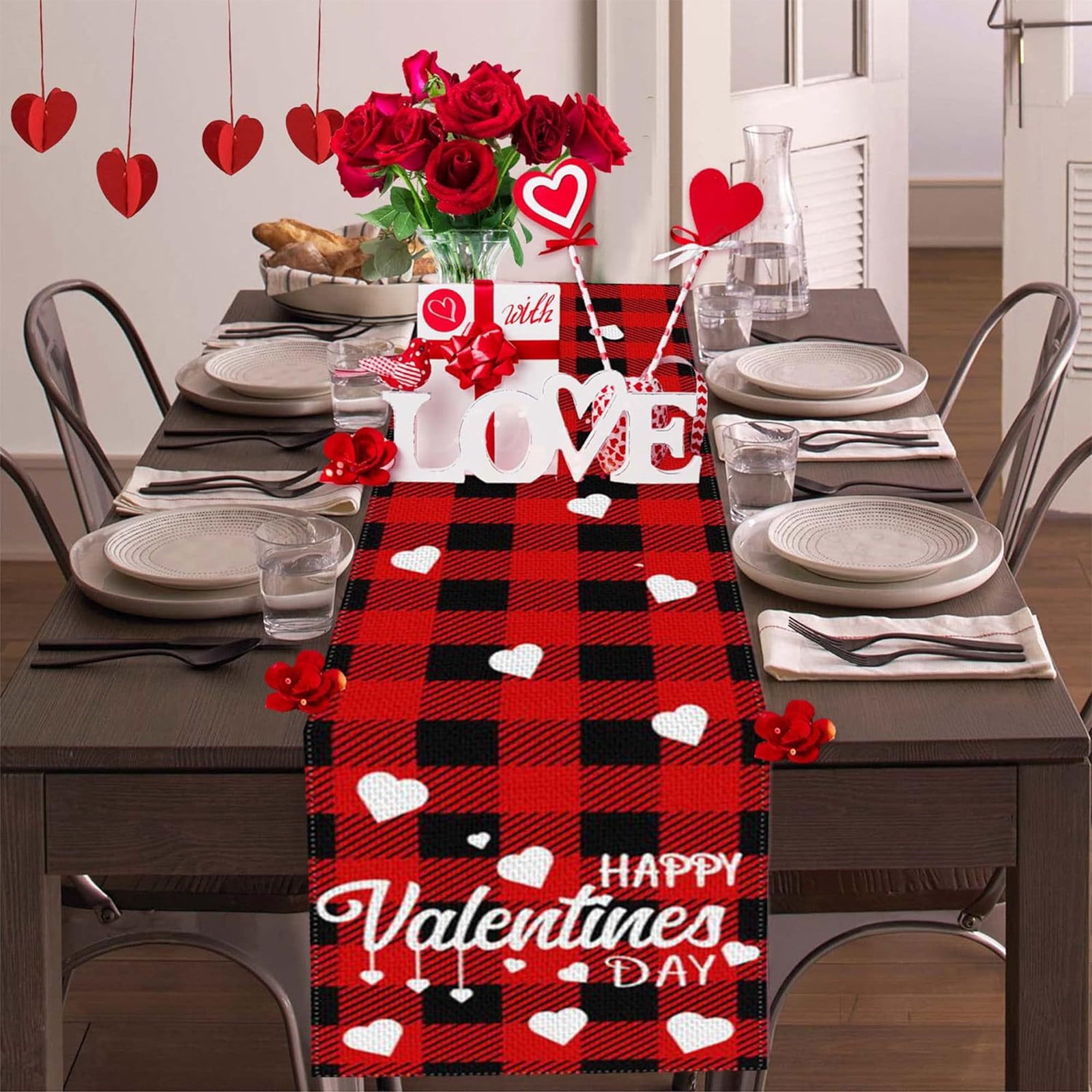 Djunllk Valentine's Day Table Runner 4 Sizes, Love Printed Red Table ...