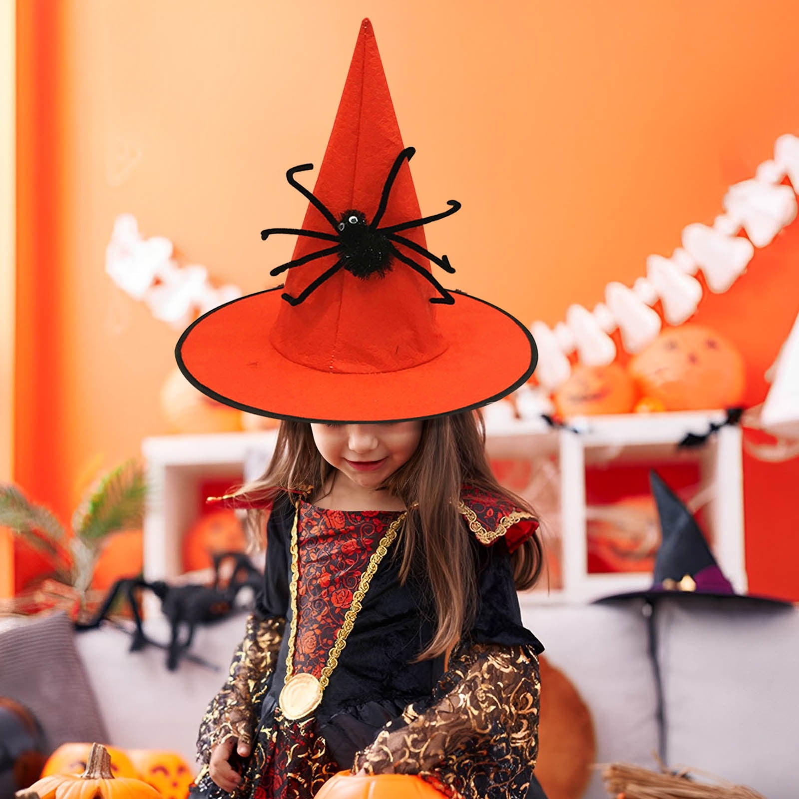 Djunllk Witch Hat with Spider Ornaments, 15 in Wide Brim Wizard Hat ...