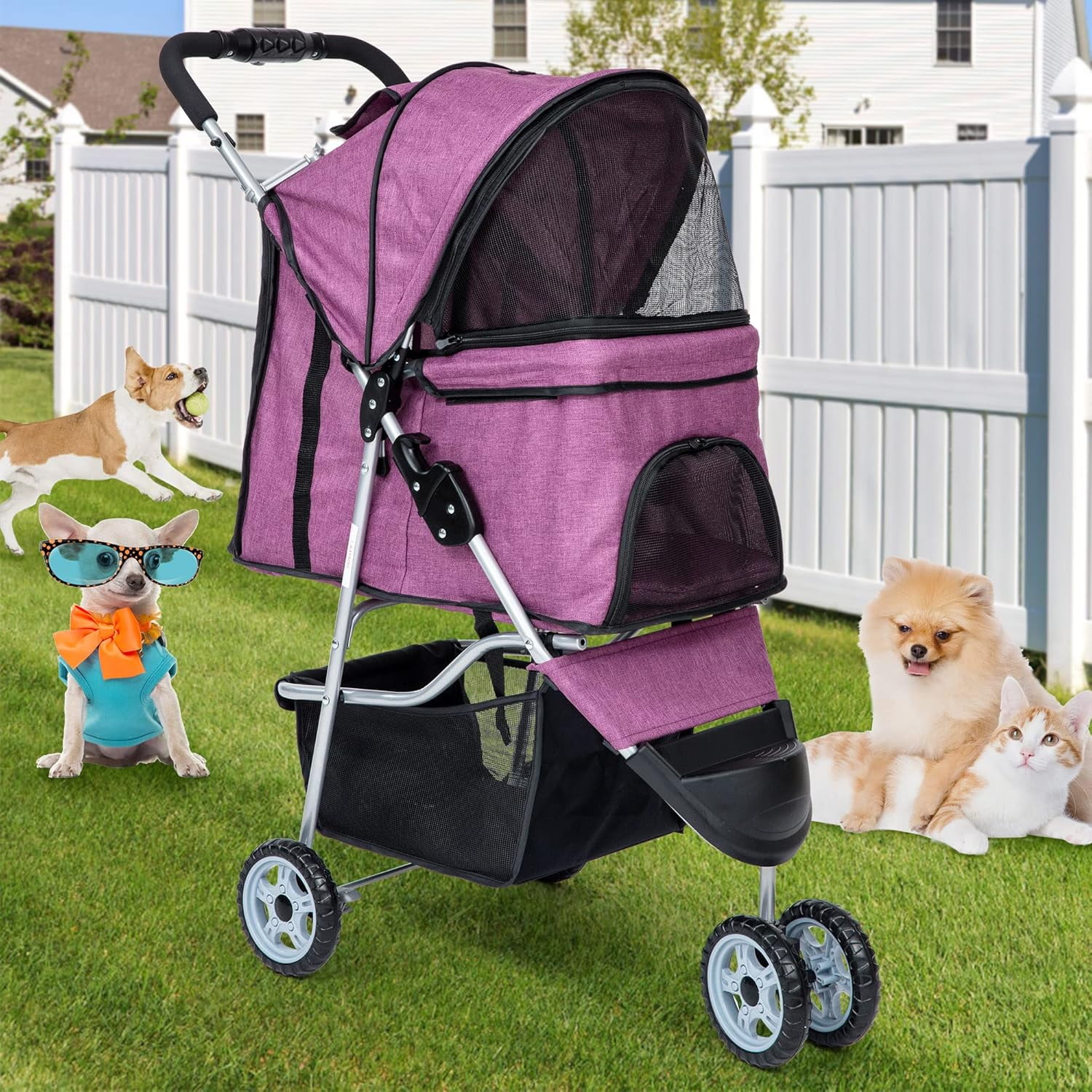 Dkelincs 3 Wheels Pet Stroller Folding Dog Cat Stroller Lightweight ...