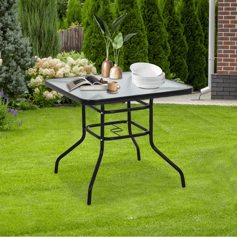 Dkelincs 32 inch Outdoor Patio Table with Umbrella Hole Tempered Glass Top Square Dining Bistro Table All Weather Furniture